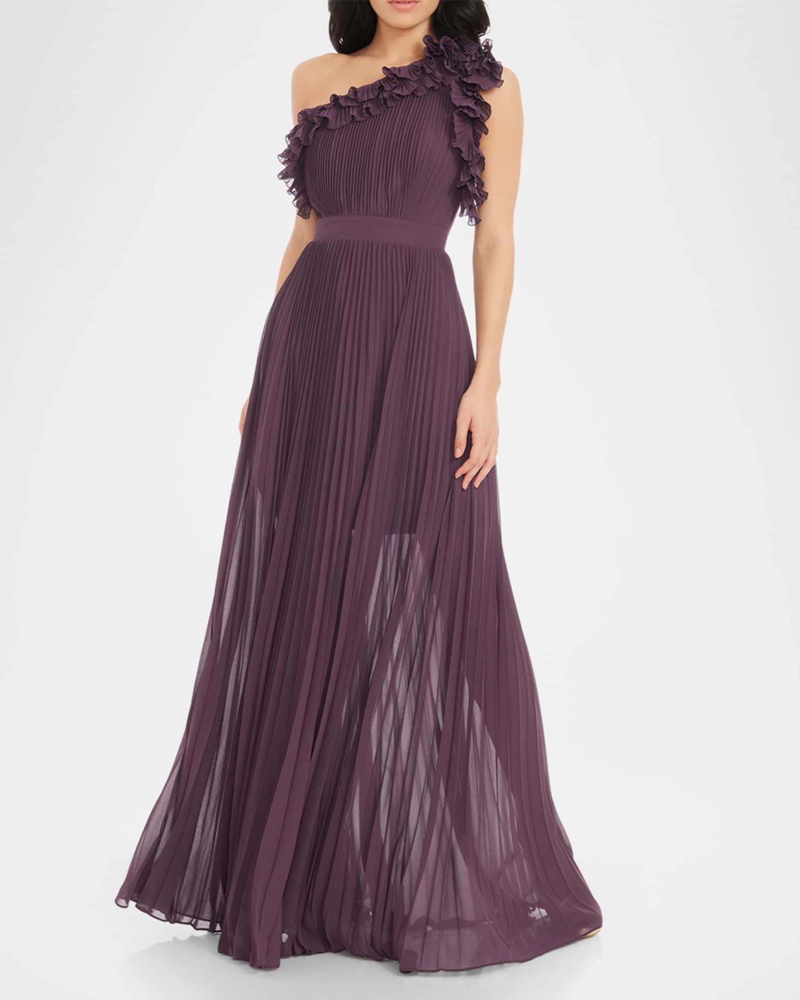 Dress the Population Black Label Vida Pleated One-Shoulder Chiffon Gown ...