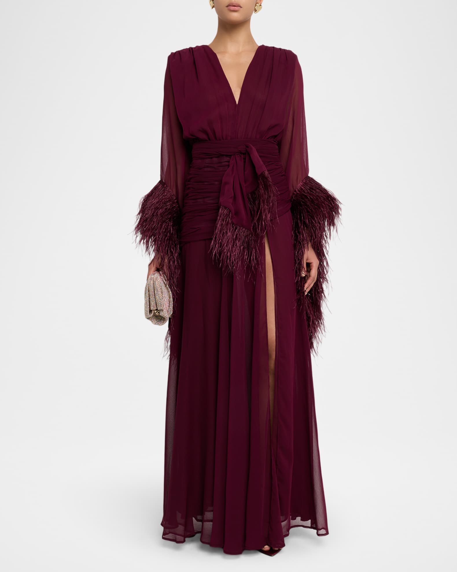 Bronx and Banco Geisha Feather-Cuff Silk-Blend Gown | Neiman Marcus