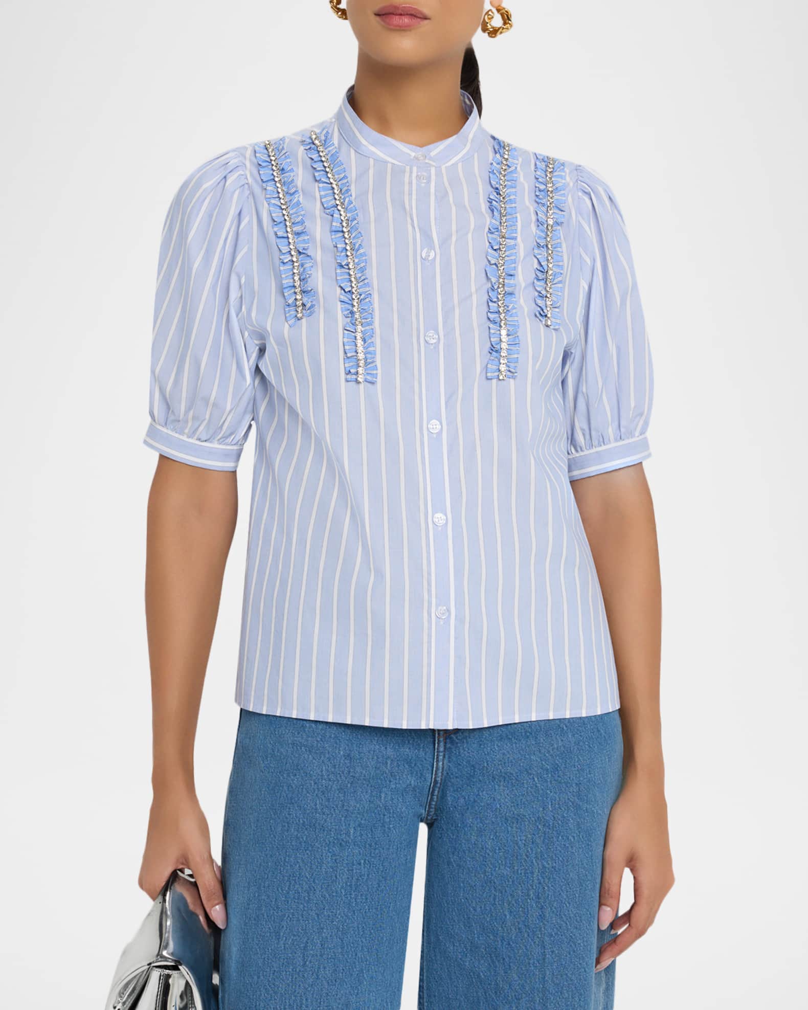 Essentiel Antwerp Pinstripe Frilled Rhinestone-Embellished Top | Neiman ...