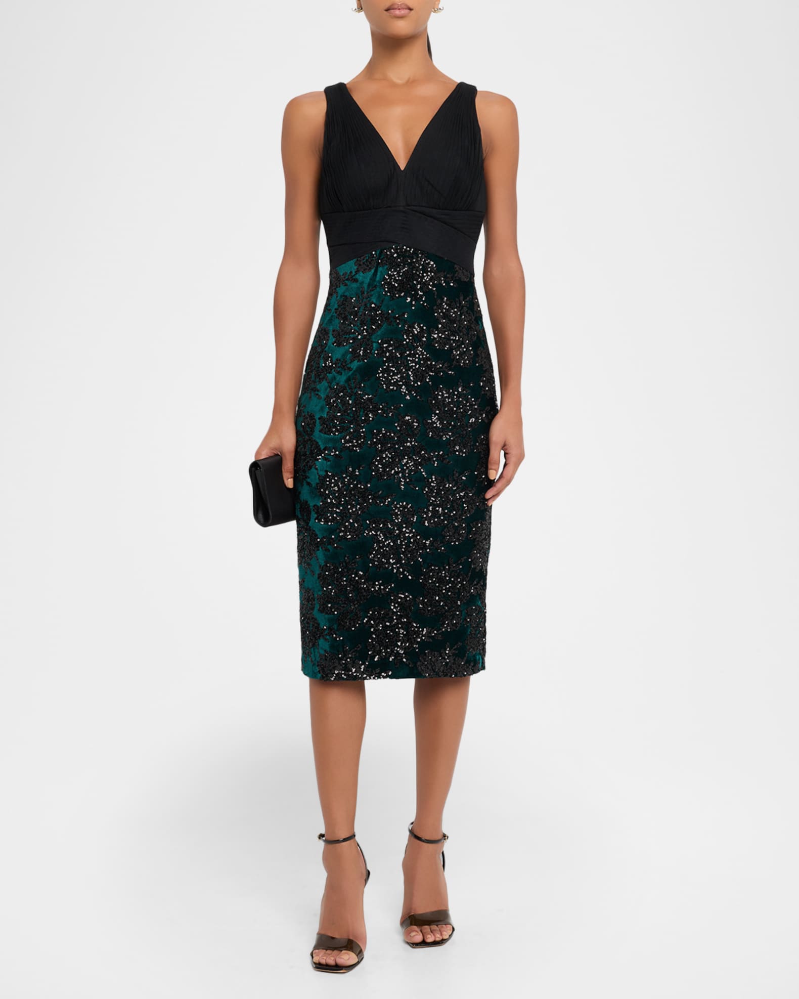 Aidan Mattox Pleated Sequin Velvet Midi Dress | Neiman Marcus