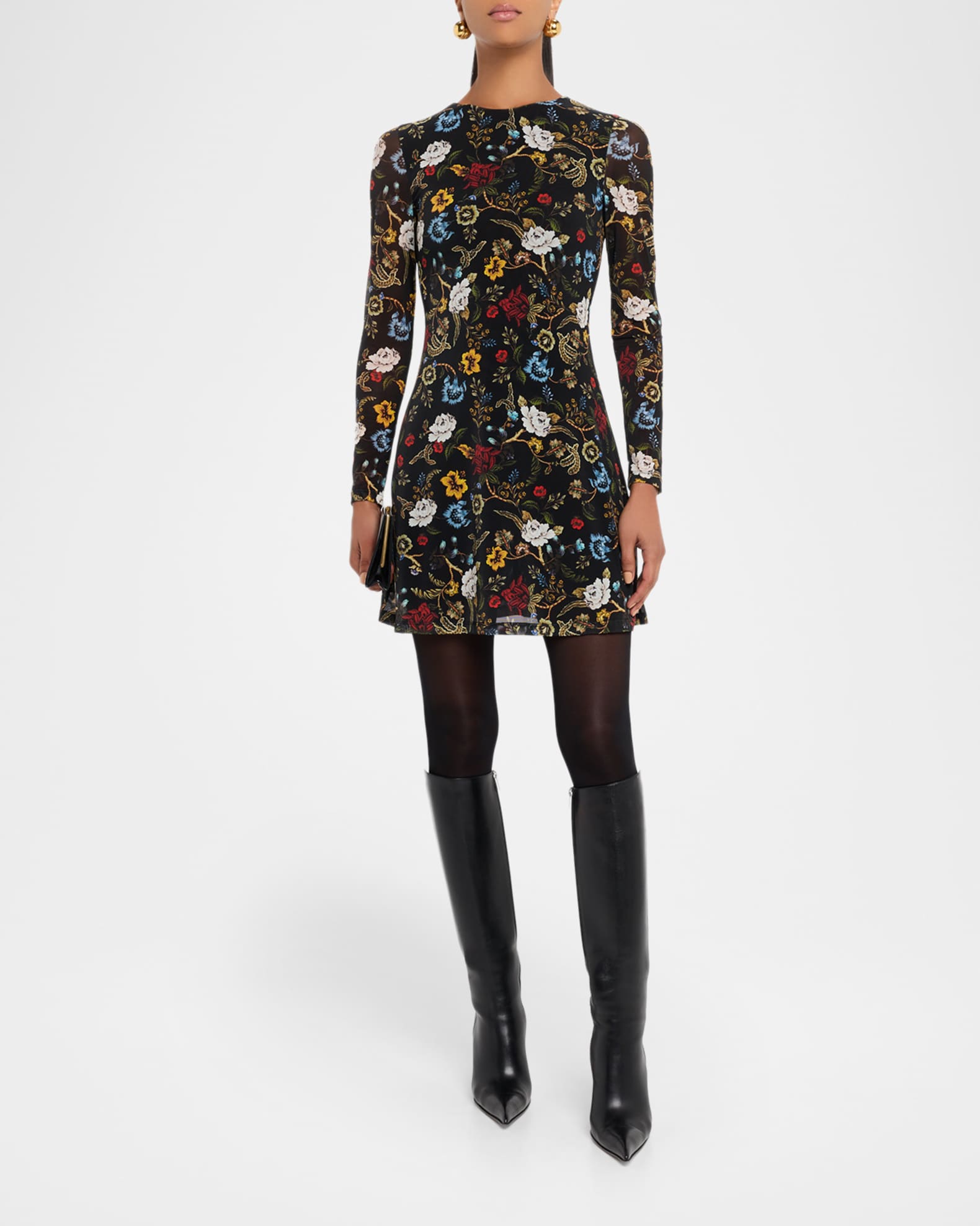 Alice + Olivia Delora Long-Sleeve Mesh Mini Dress | Neiman Marcus
