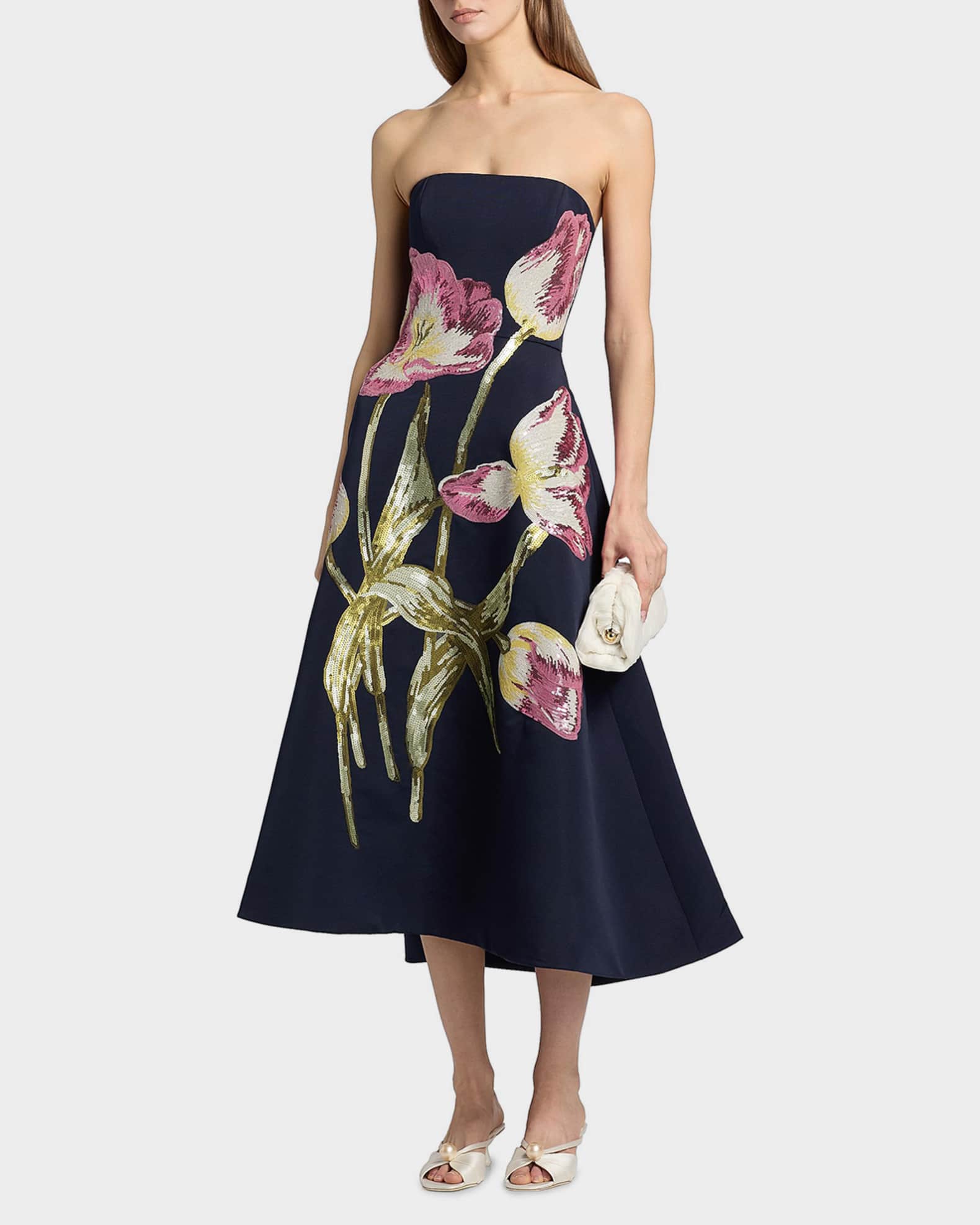 Amsale Floral Sequined Strapless Midi Cocktail Dress | Neiman Marcus