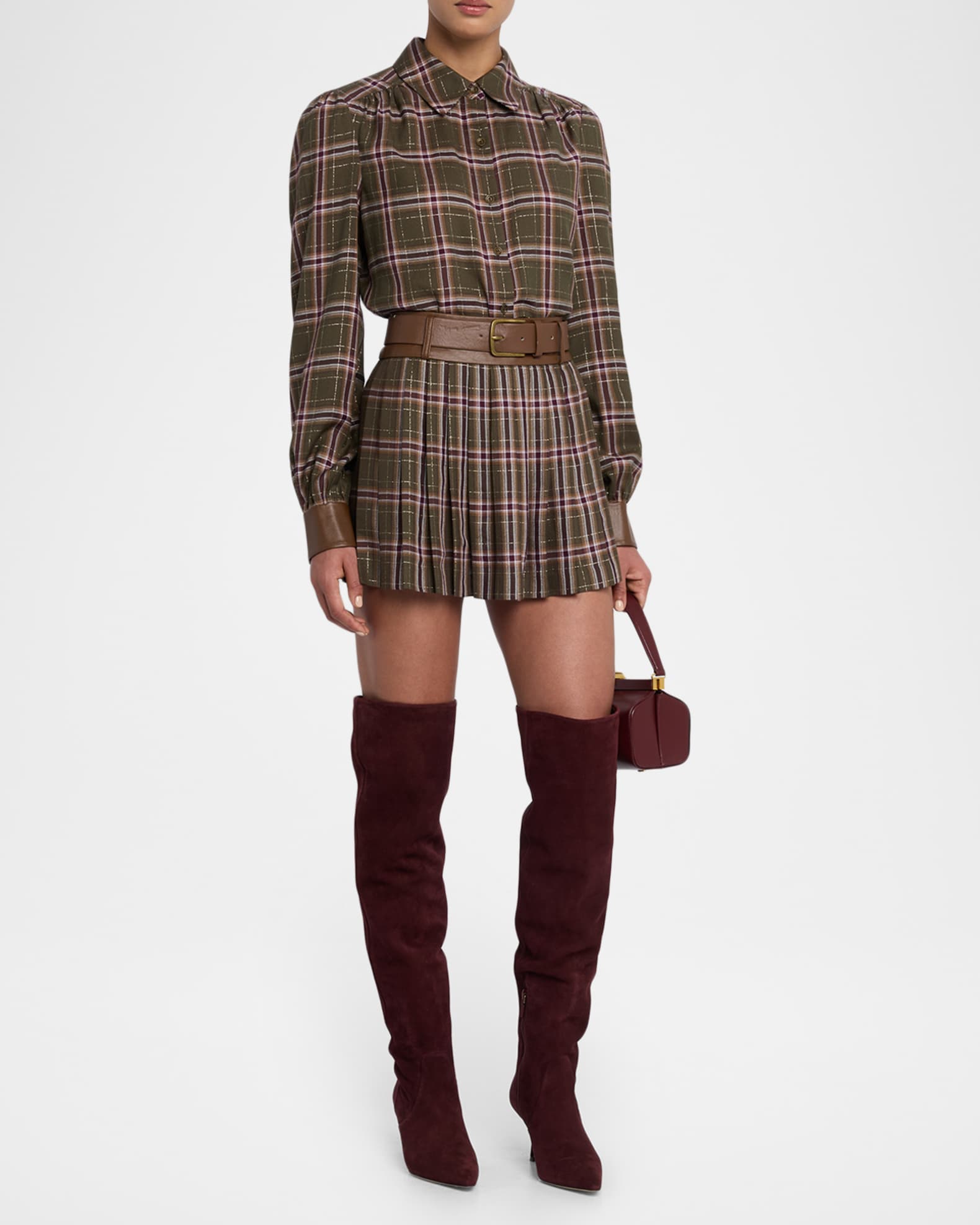 Ramy Brook Derrick Pleated Plaid Belted Mini Skirt | Neiman Marcus