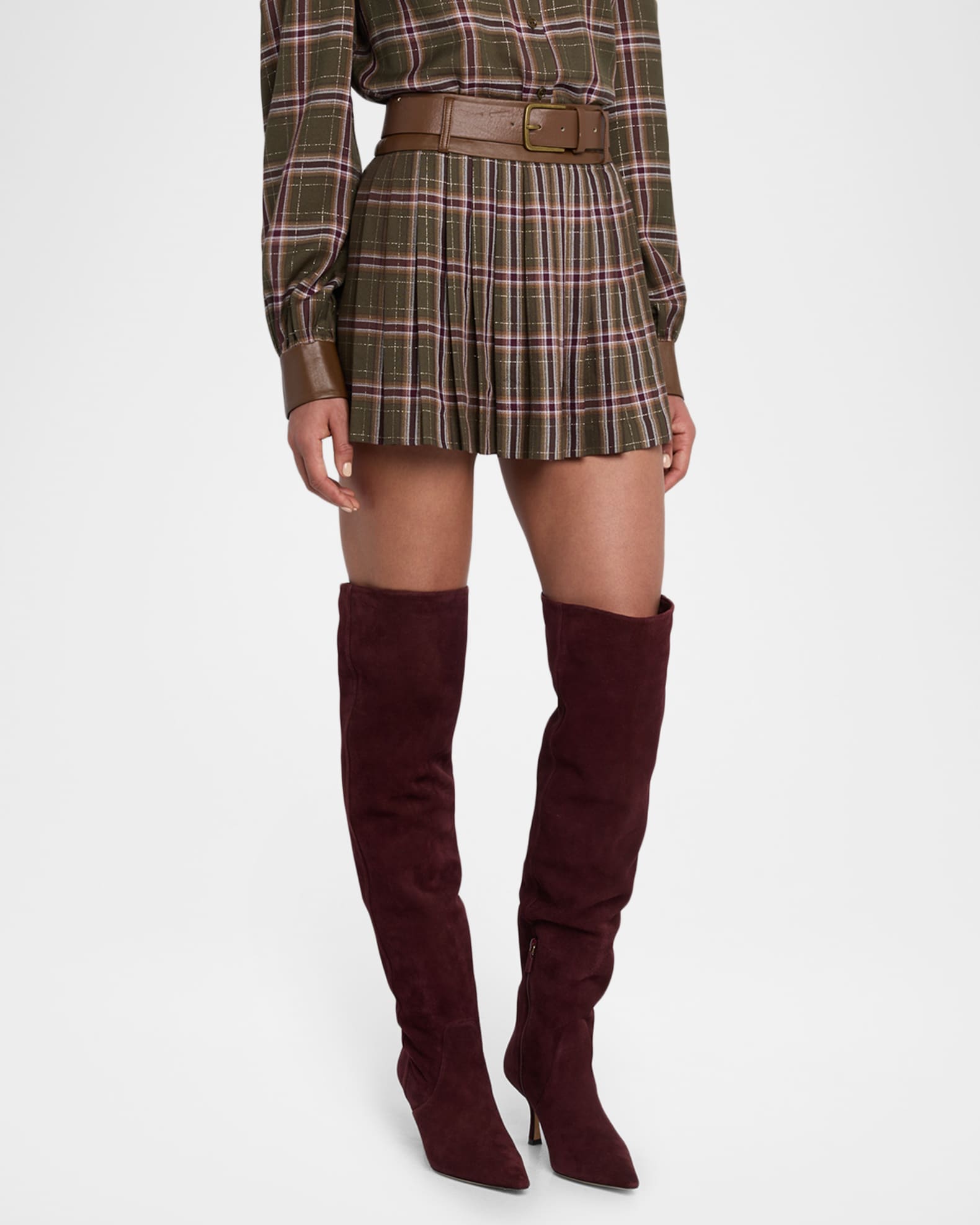 Ramy Brook Derrick Pleated Plaid Belted Mini Skirt | Neiman Marcus