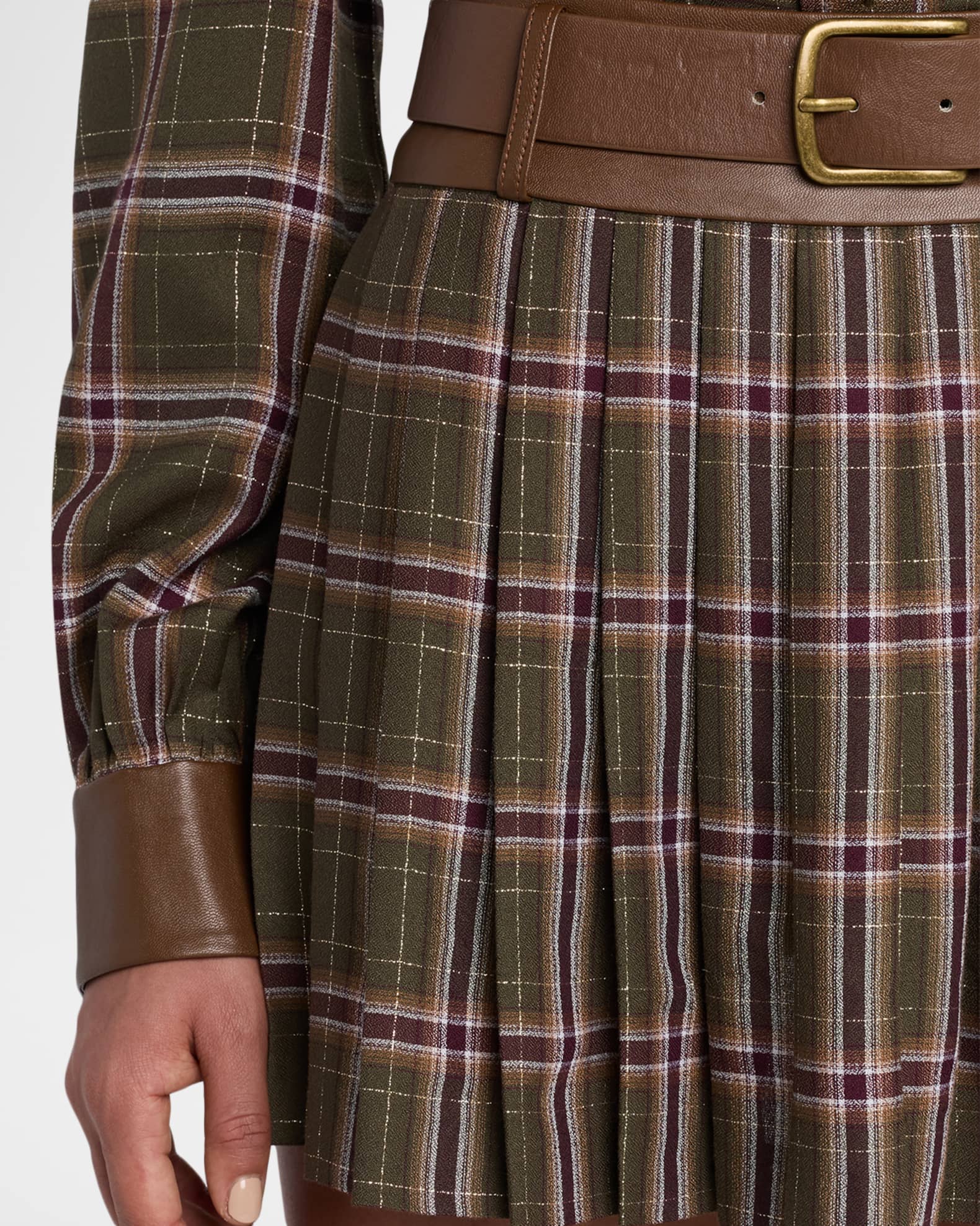 Ramy Brook Derrick Pleated Plaid Belted Mini Skirt | Neiman Marcus