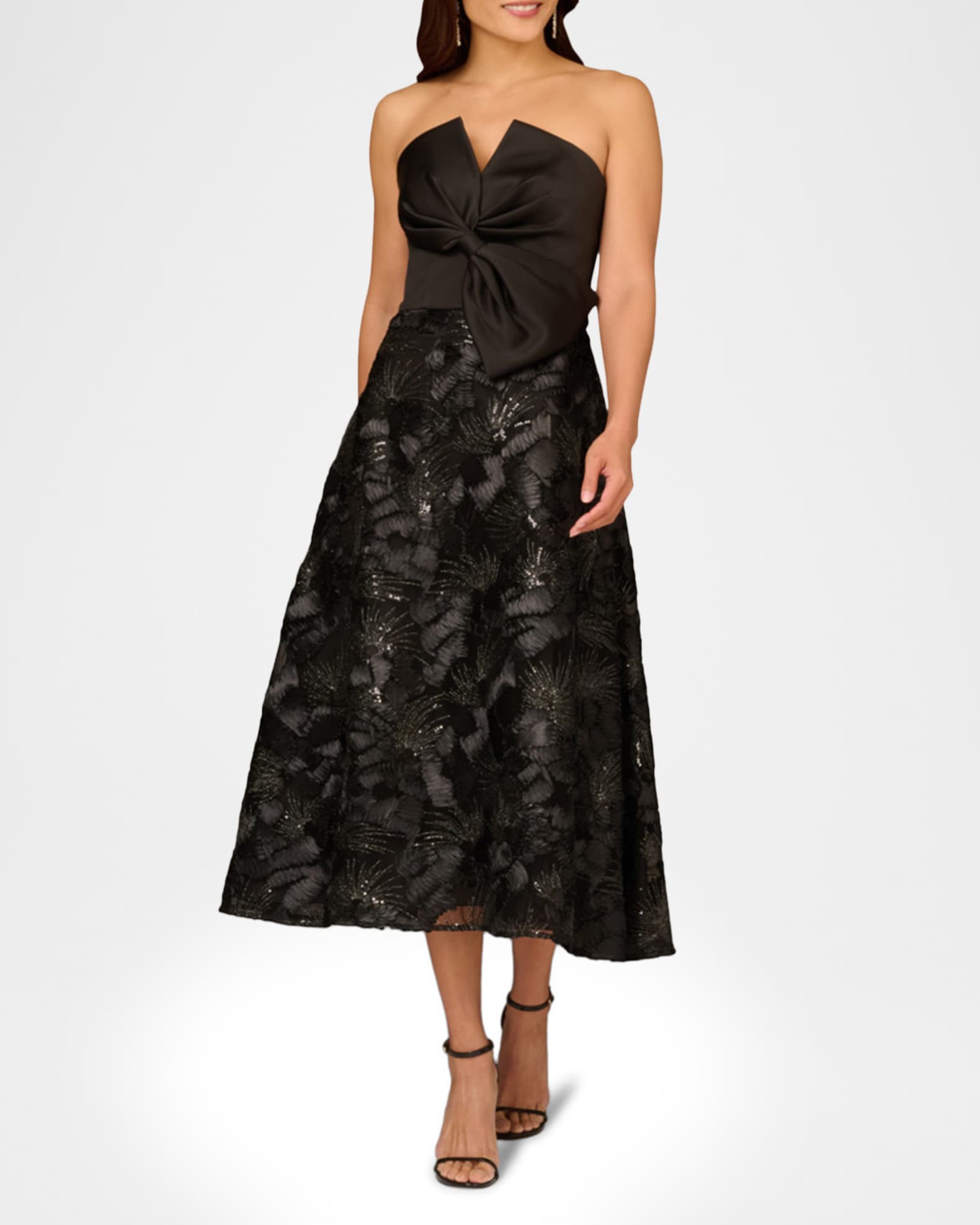 Aidan Mattox Strapless Bow-Front Embroidered Midi Dress | Neiman Marcus