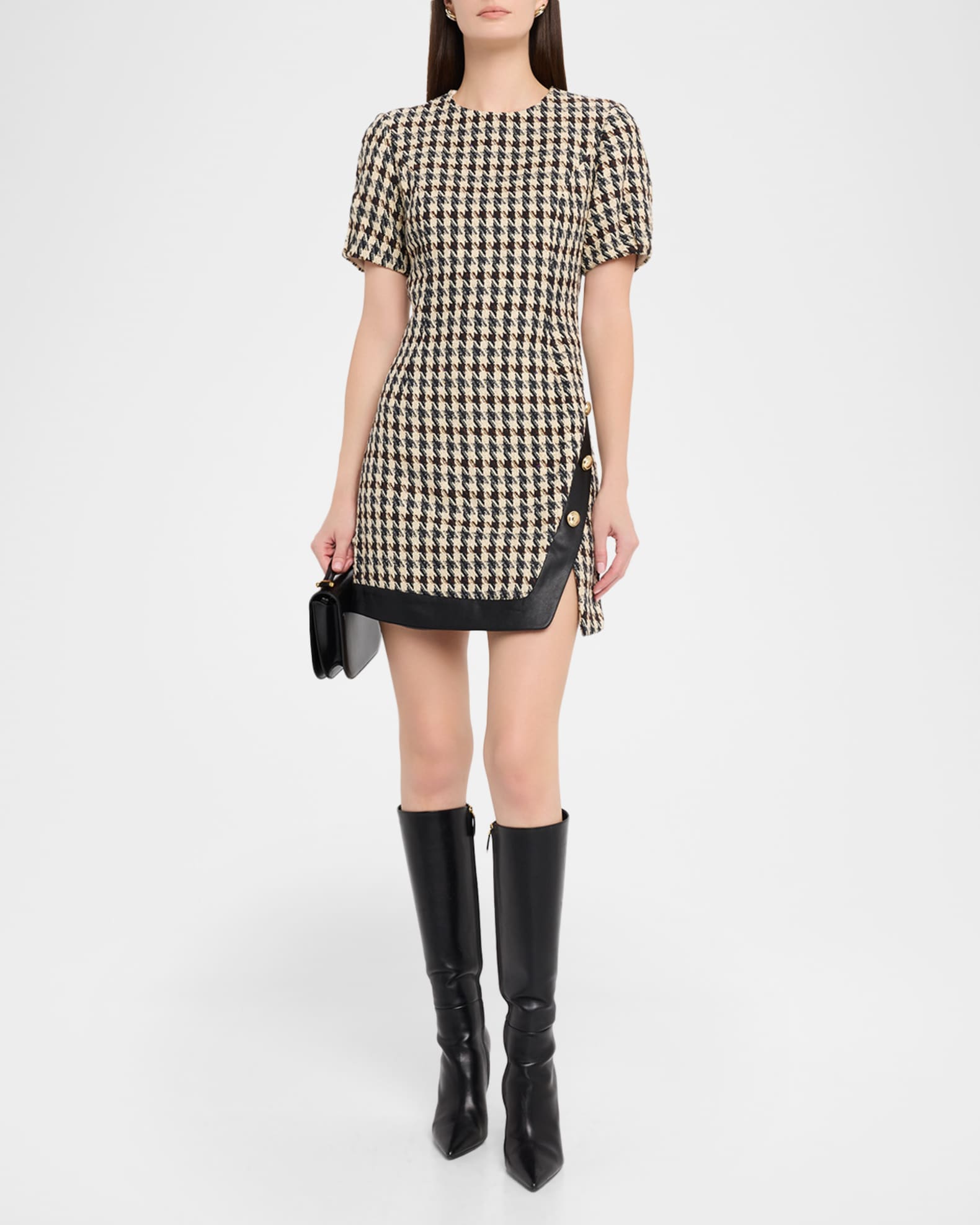 Shoshanna Irene A-Line Houndstooth Tweed Mini Dress | Neiman Marcus