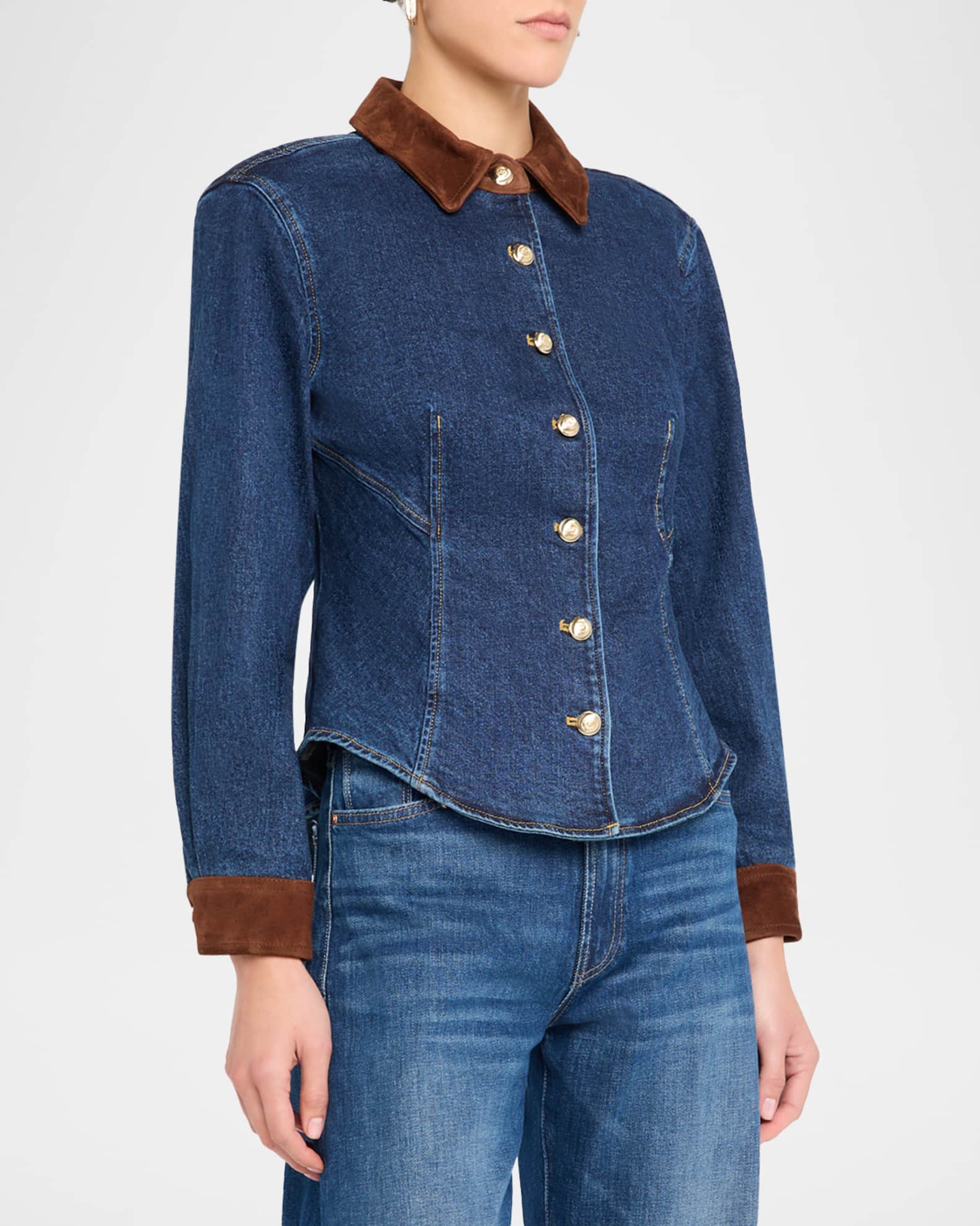 Cinq a Sept Suede Combo Autumn Denim Top | Neiman Marcus