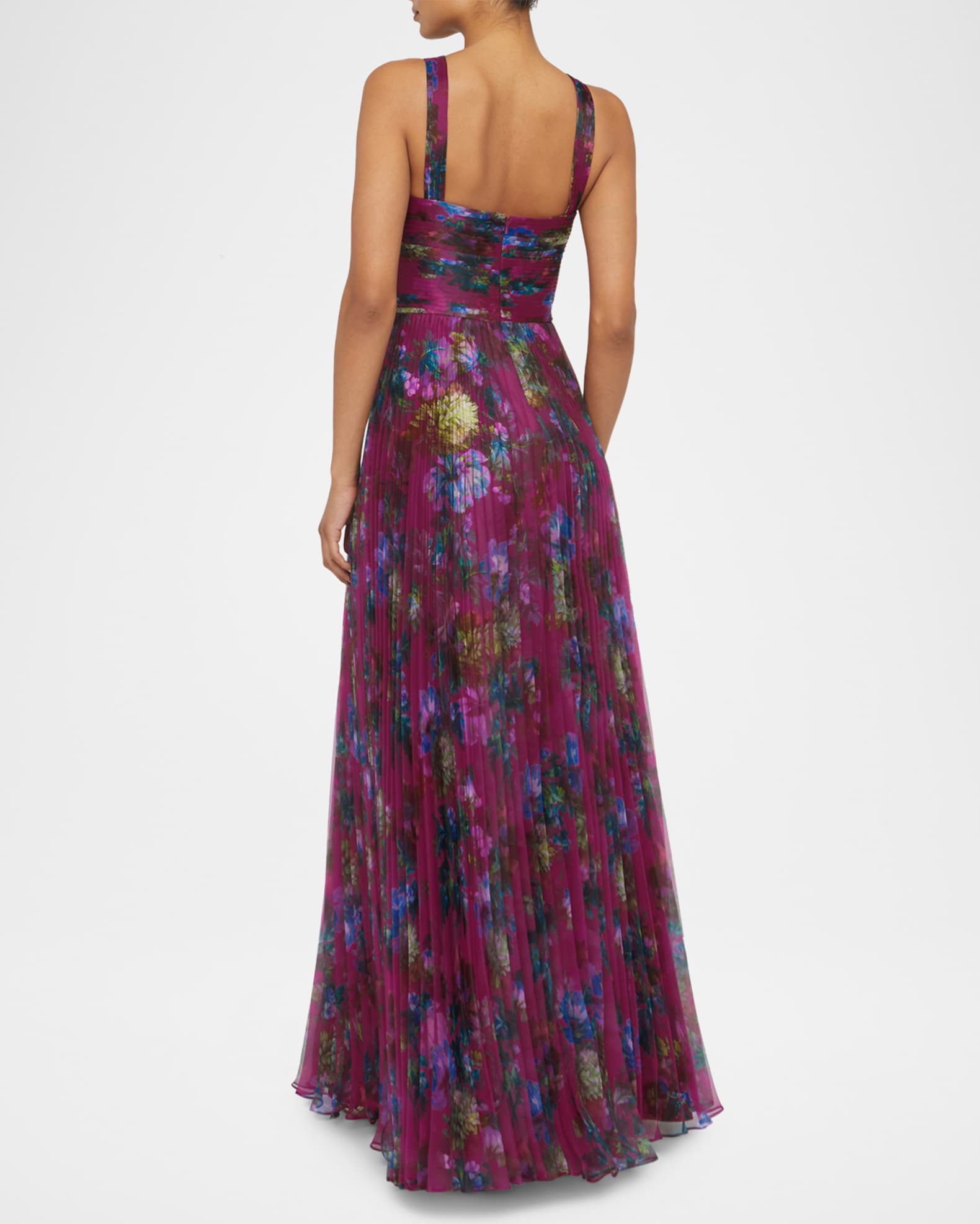 Theia Naveen Pleated Floral-Print Organza Gown | Neiman Marcus