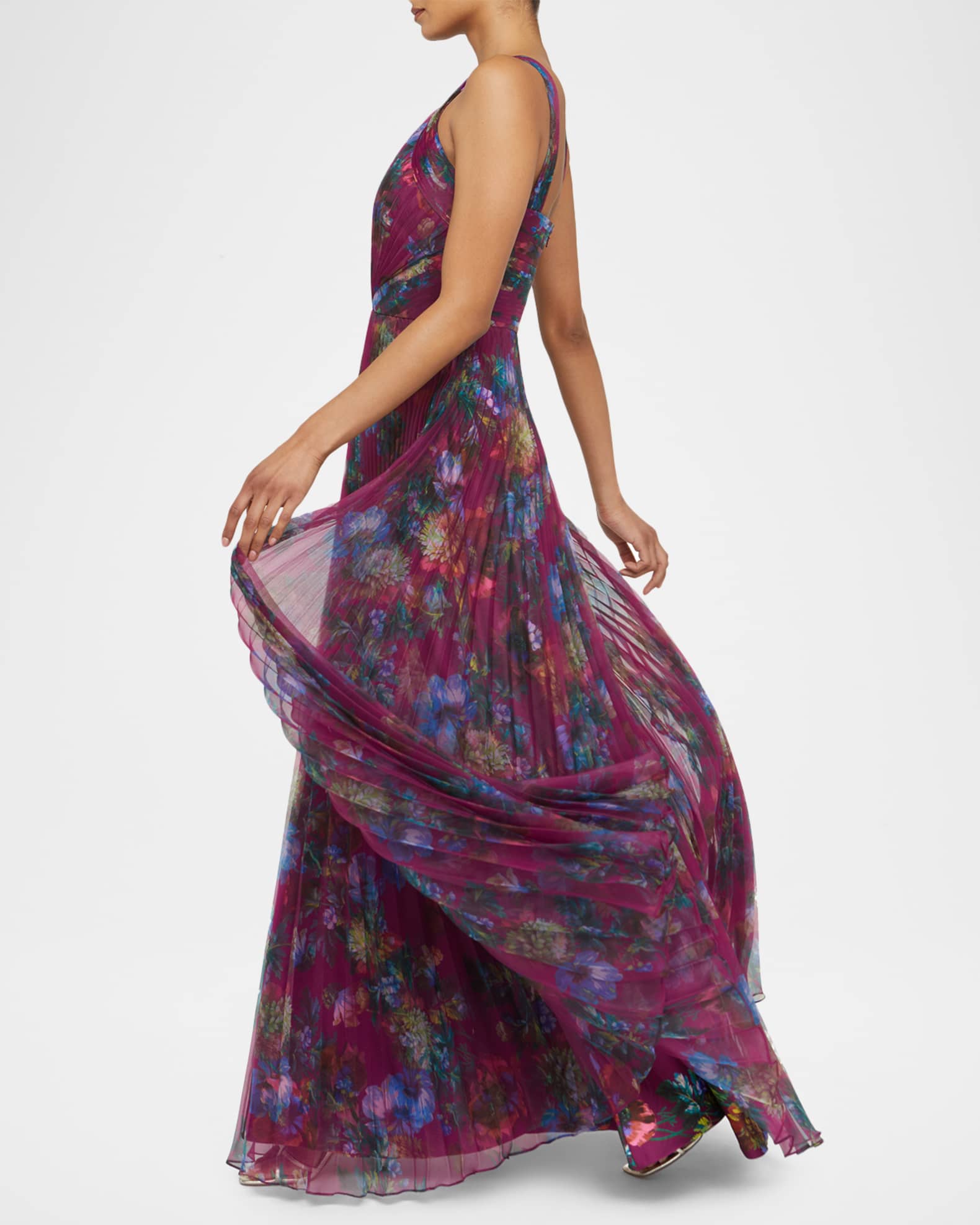 Theia Naveen Pleated Floral-Print Organza Gown | Neiman Marcus