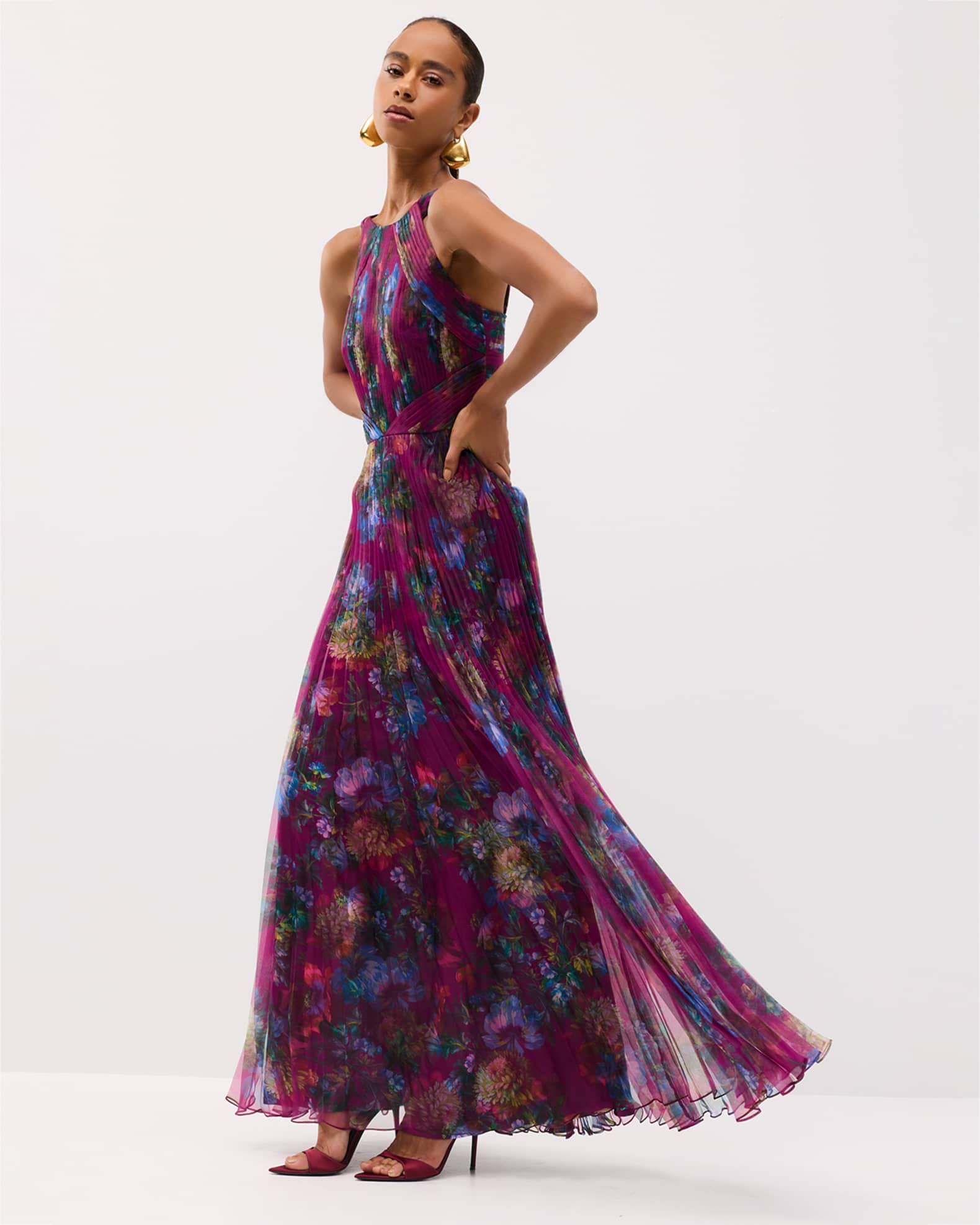 Theia Naveen Pleated Floral-Print Organza Gown | Neiman Marcus