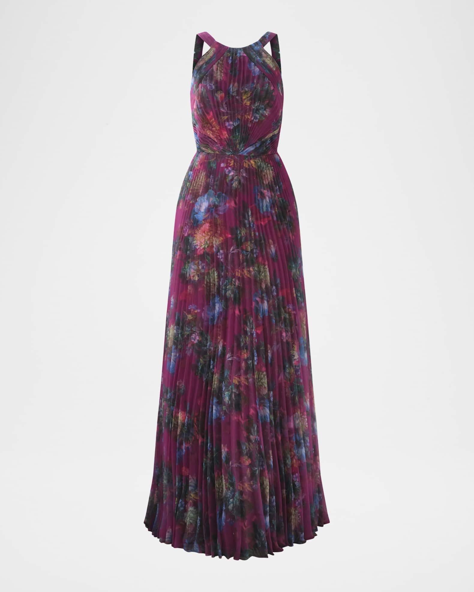 Theia Naveen Pleated Floral-Print Organza Gown | Neiman Marcus
