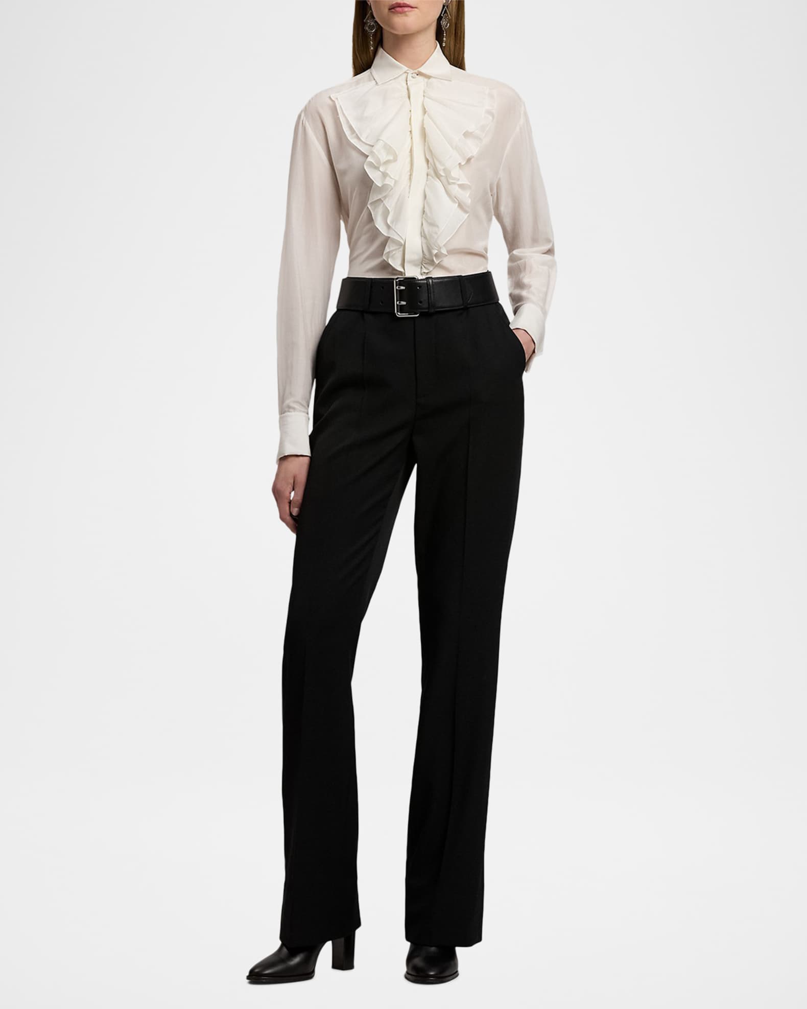 Ralph Lauren Collection Britt Soft Voile Ruffle Button-Down Shirt | Neiman Marcus