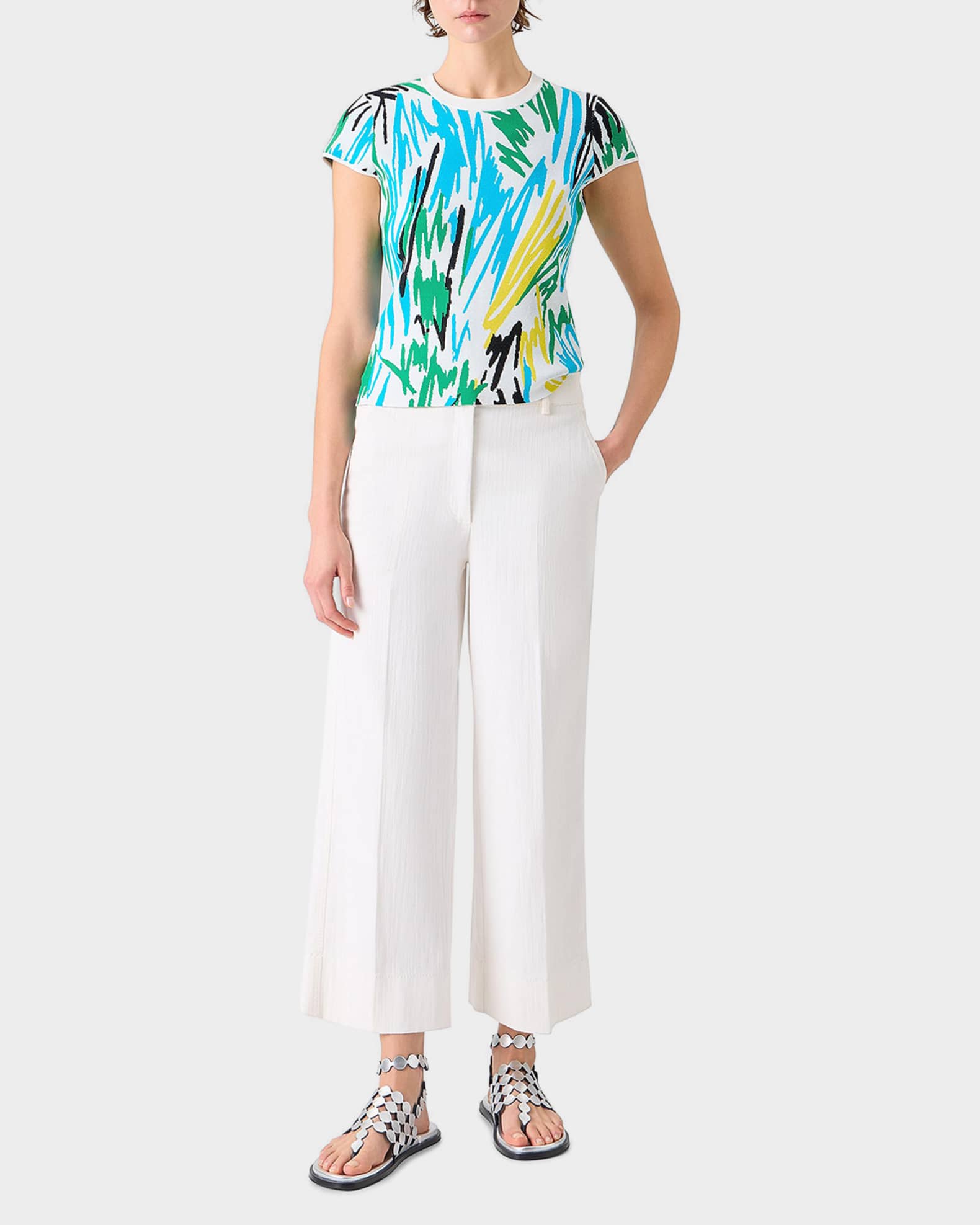 Akris punto Scribble-Print Short-Sleeve Knit Top | Neiman Marcus