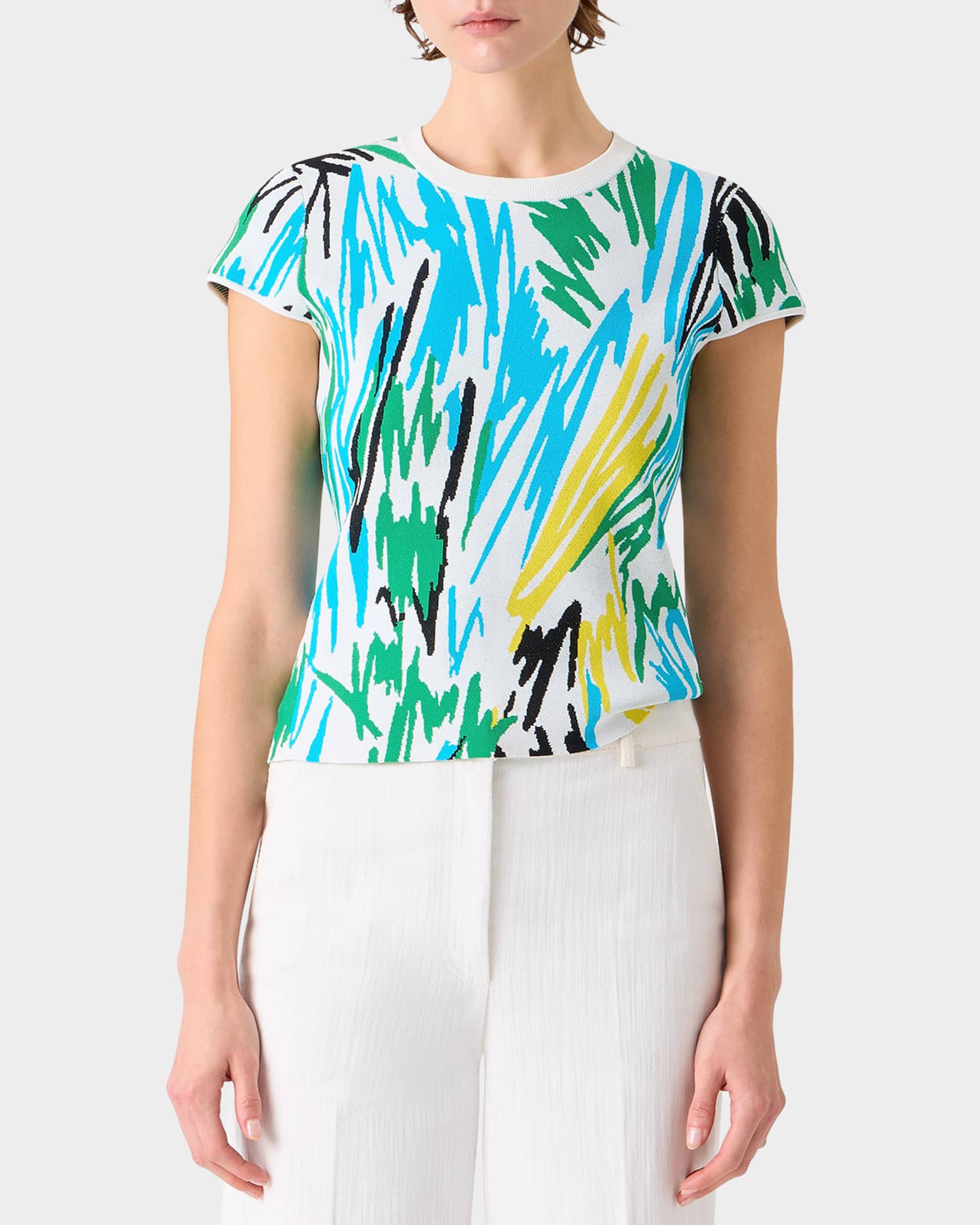 Akris punto Scribble-Print Short-Sleeve Knit Top | Neiman Marcus
