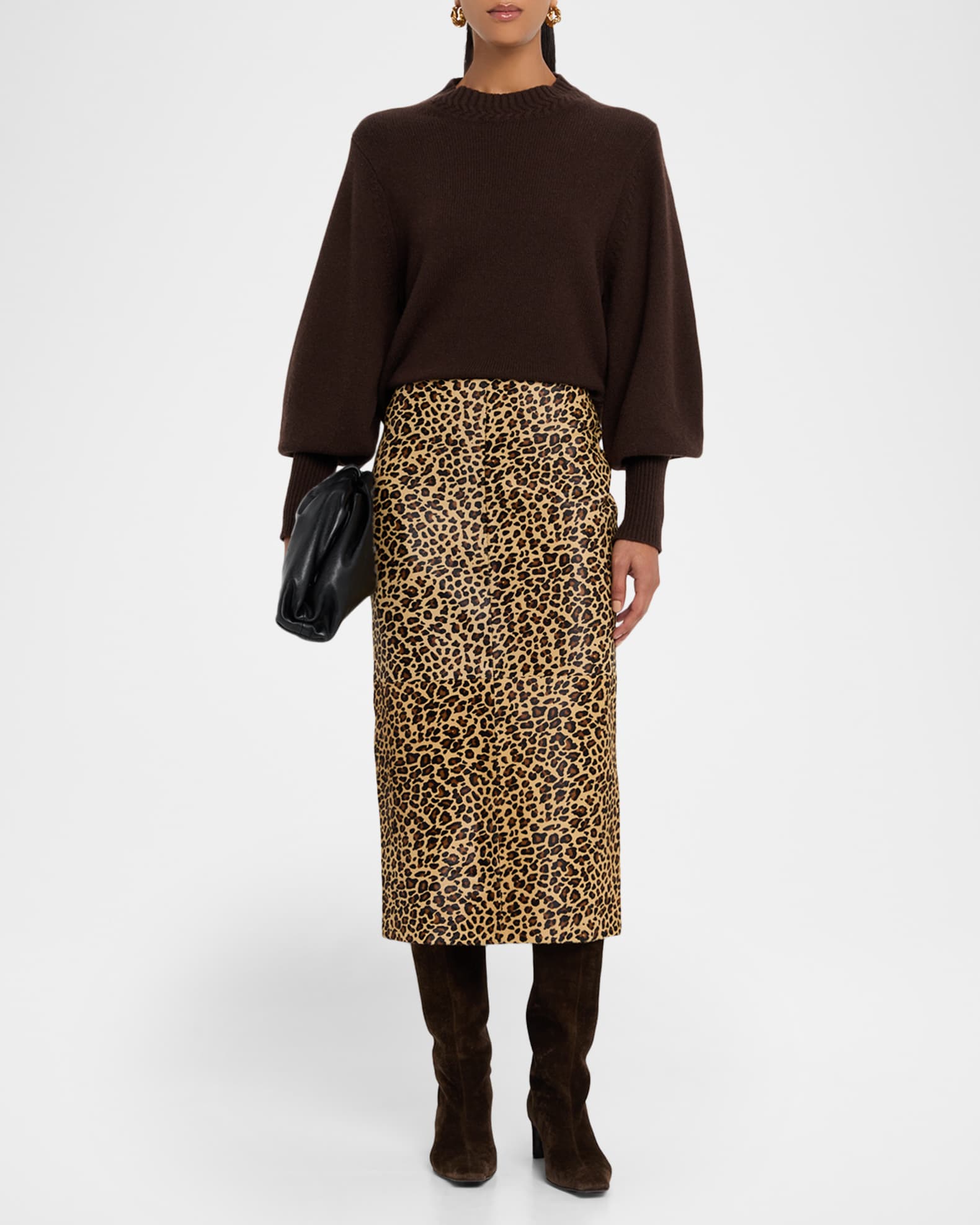 Co Leopard-Print Pony Hair Midi Skirt | Neiman Marcus