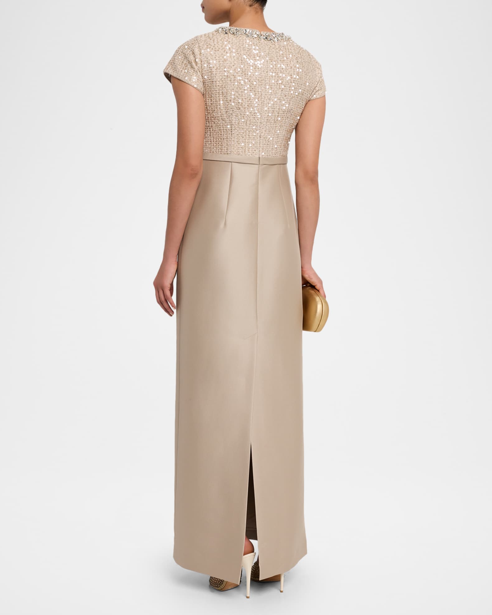 Sachin & Babi Isla Sequin Tweed & Mikado Column Gown | Neiman Marcus