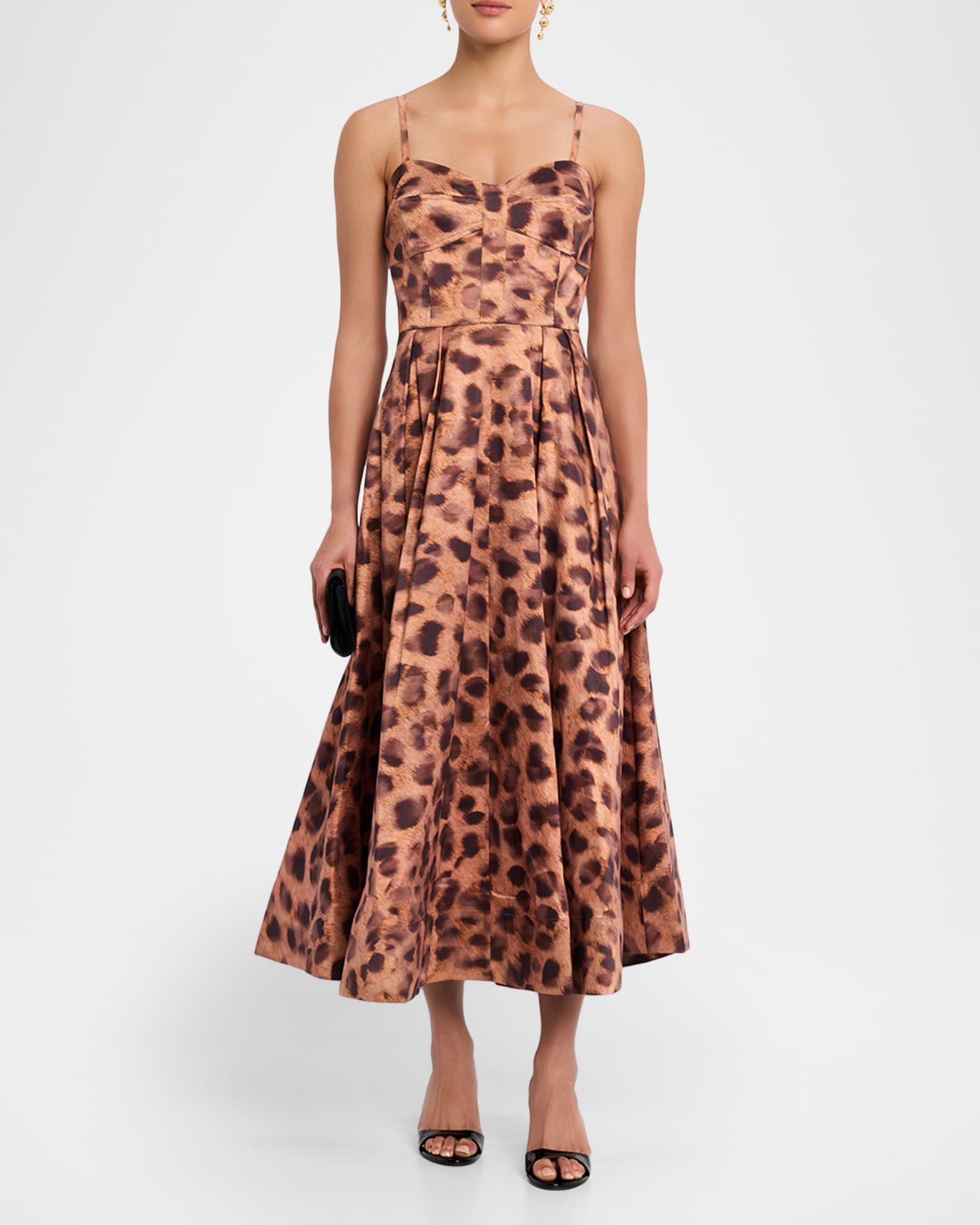 Milly Queen Pleated Leopard-Print Taffeta Midi Dress | Neiman Marcus