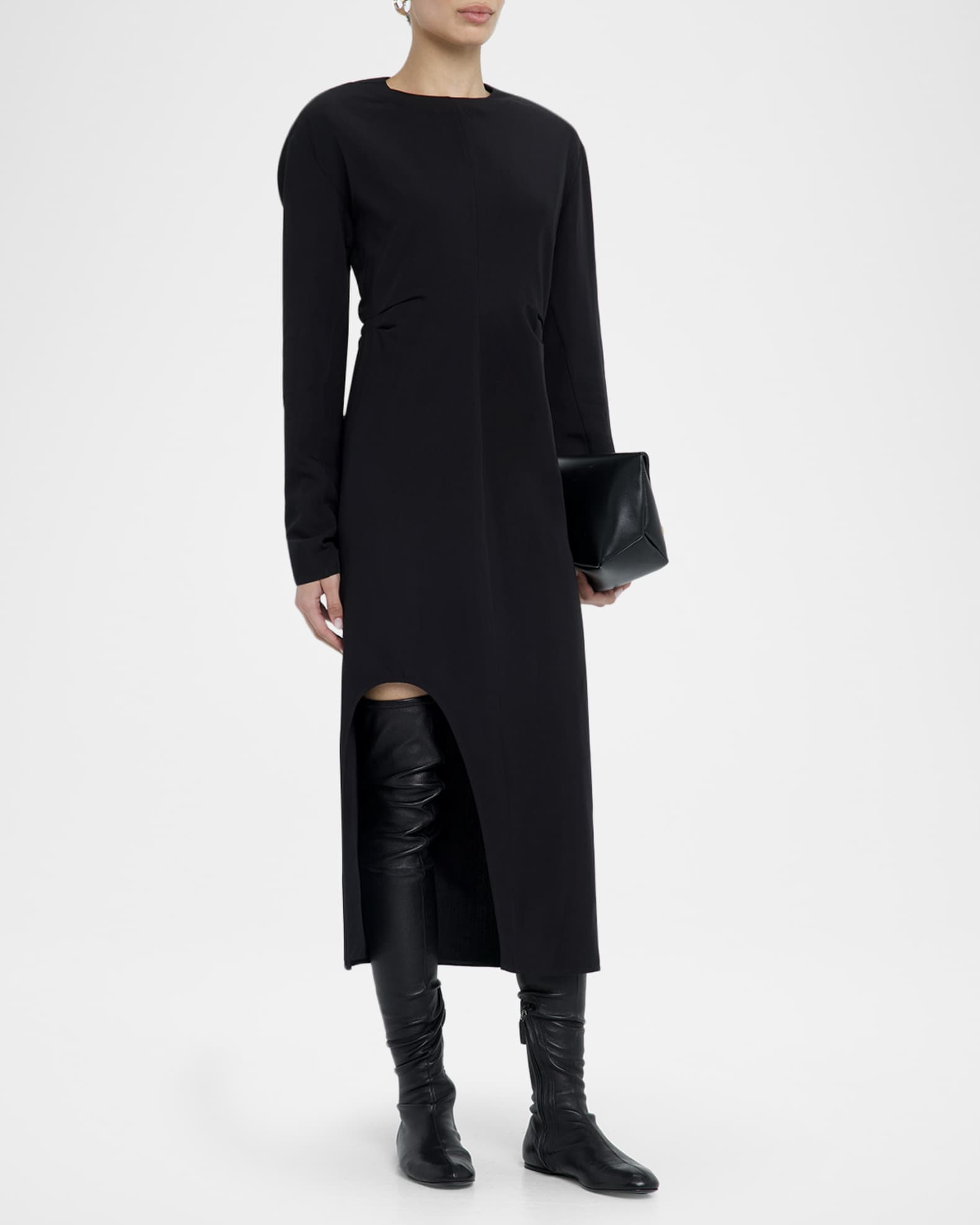 Co Keyhole Slit Ruched Long-Sleeve Midi Dress | Neiman Marcus