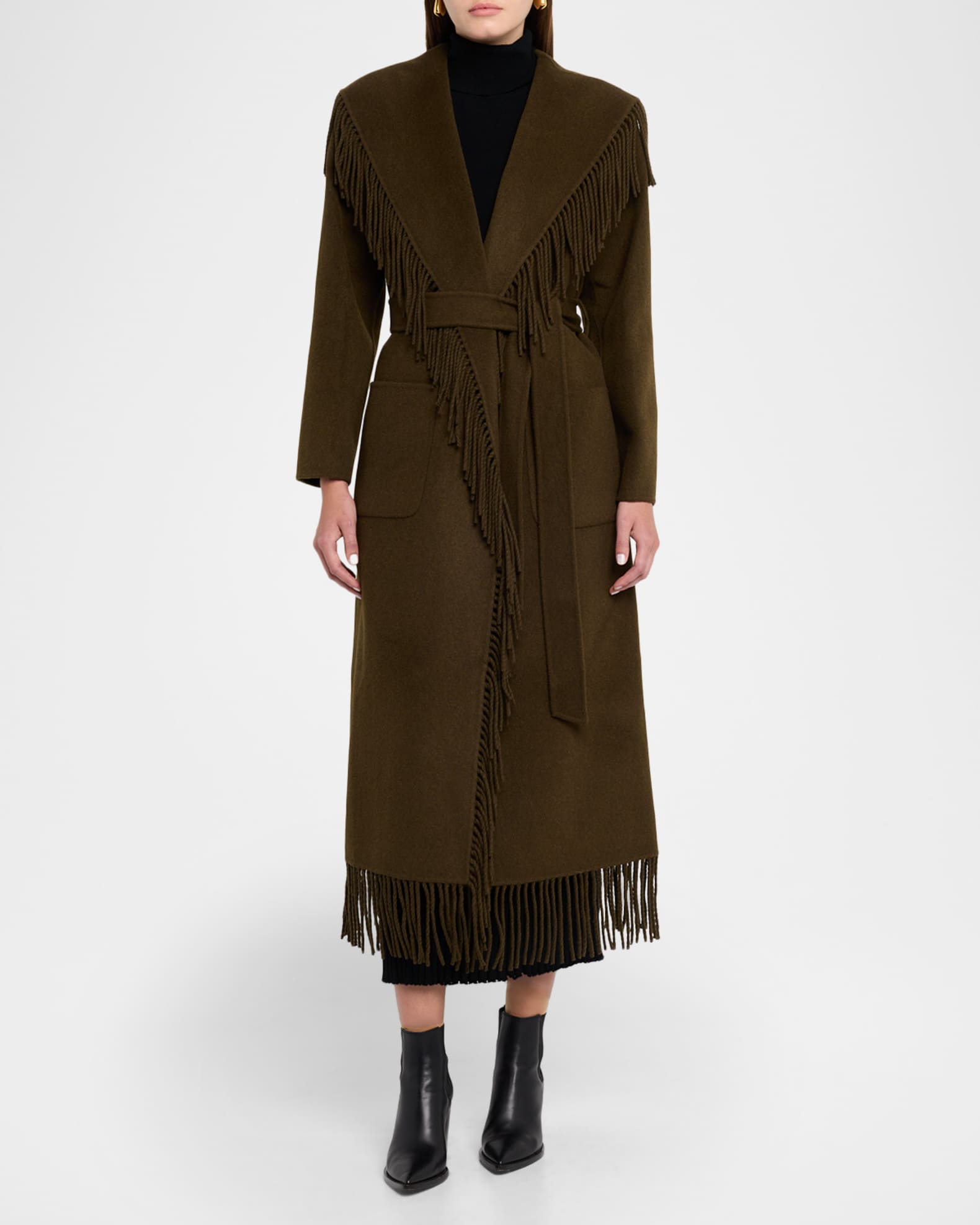SIMKHAI Carrie Fringe Wool Long Coat | Neiman Marcus