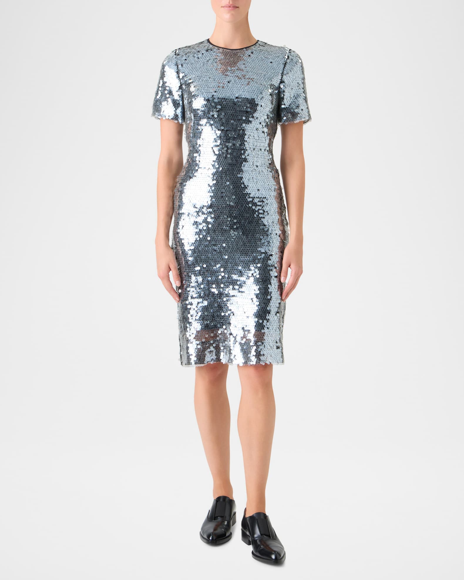 Akris Lucid Sequined Tulle Short-Sleeve Dress | Neiman Marcus