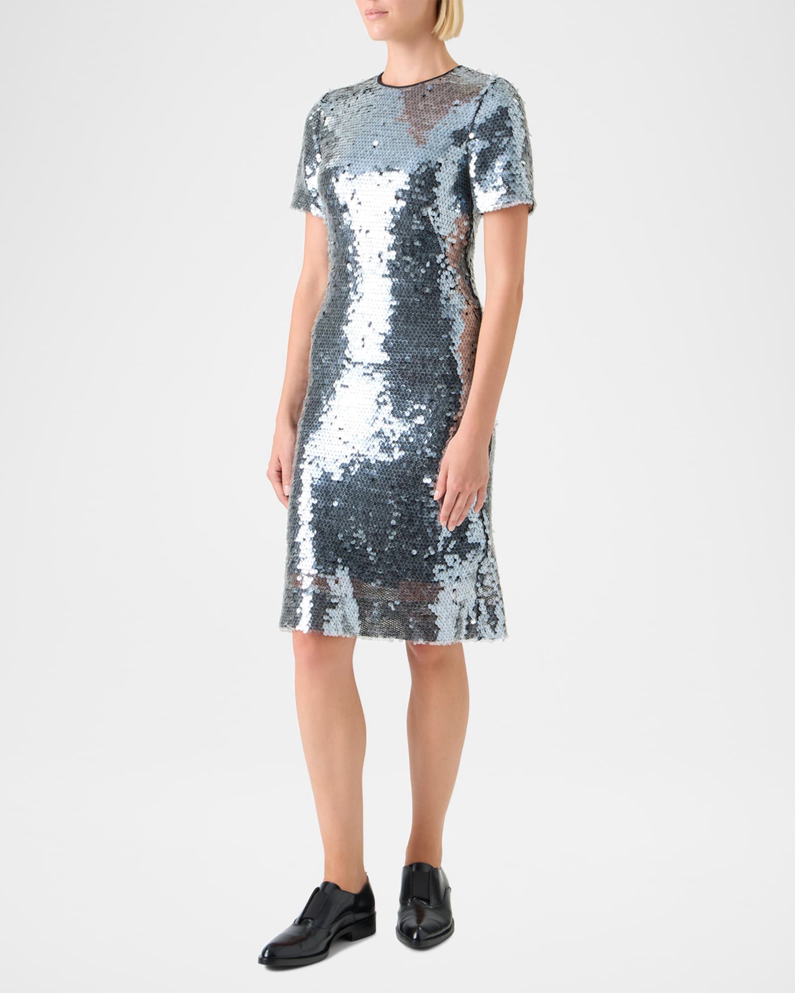 Akris Lucid Sequined Tulle Short-Sleeve Dress | Neiman Marcus