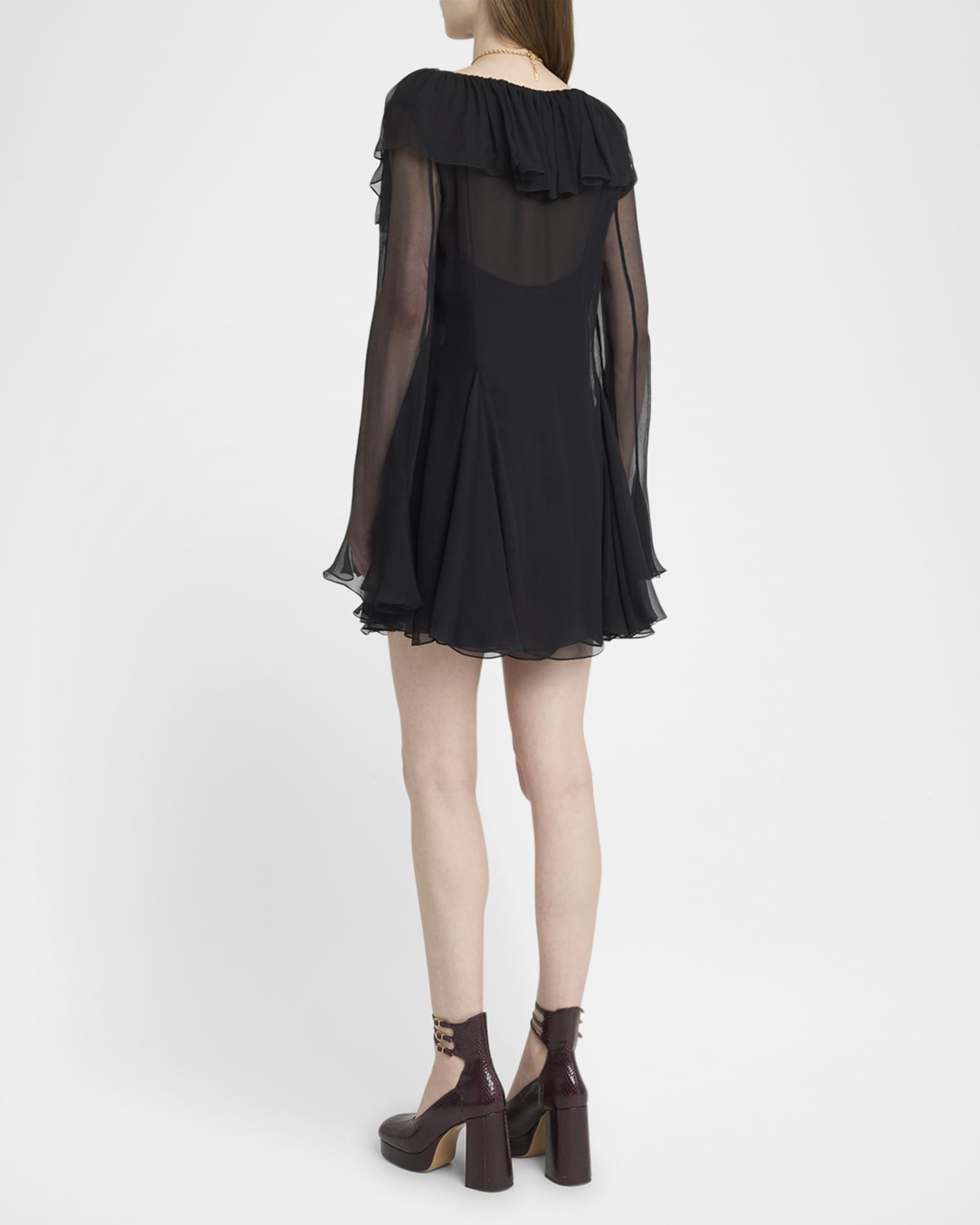 Chloe Ruffle Long-Sleeve Silk Mousseline Mini Dress | Neiman Marcus