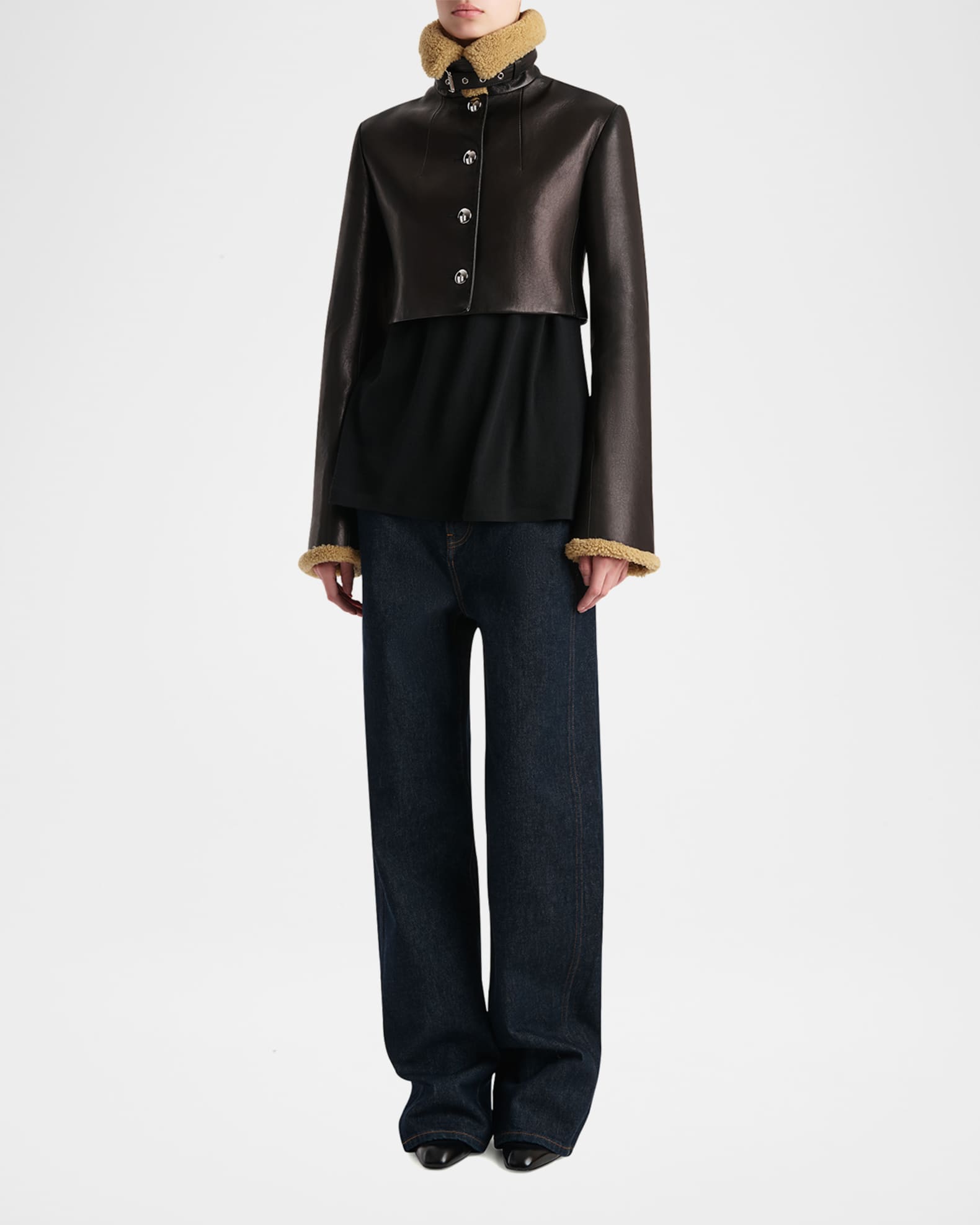 Khaite Jodie Shearling-Trim Cropped Leather Jacket | Neiman Marcus