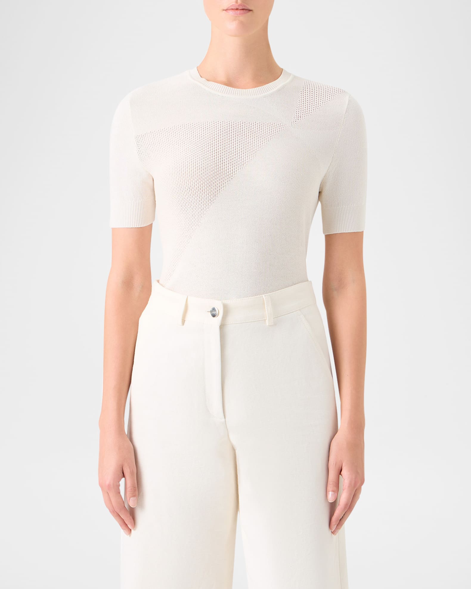 Akris Silk-Cotton Pointelle Knit Short-Sleeve Sweater | Neiman Marcus