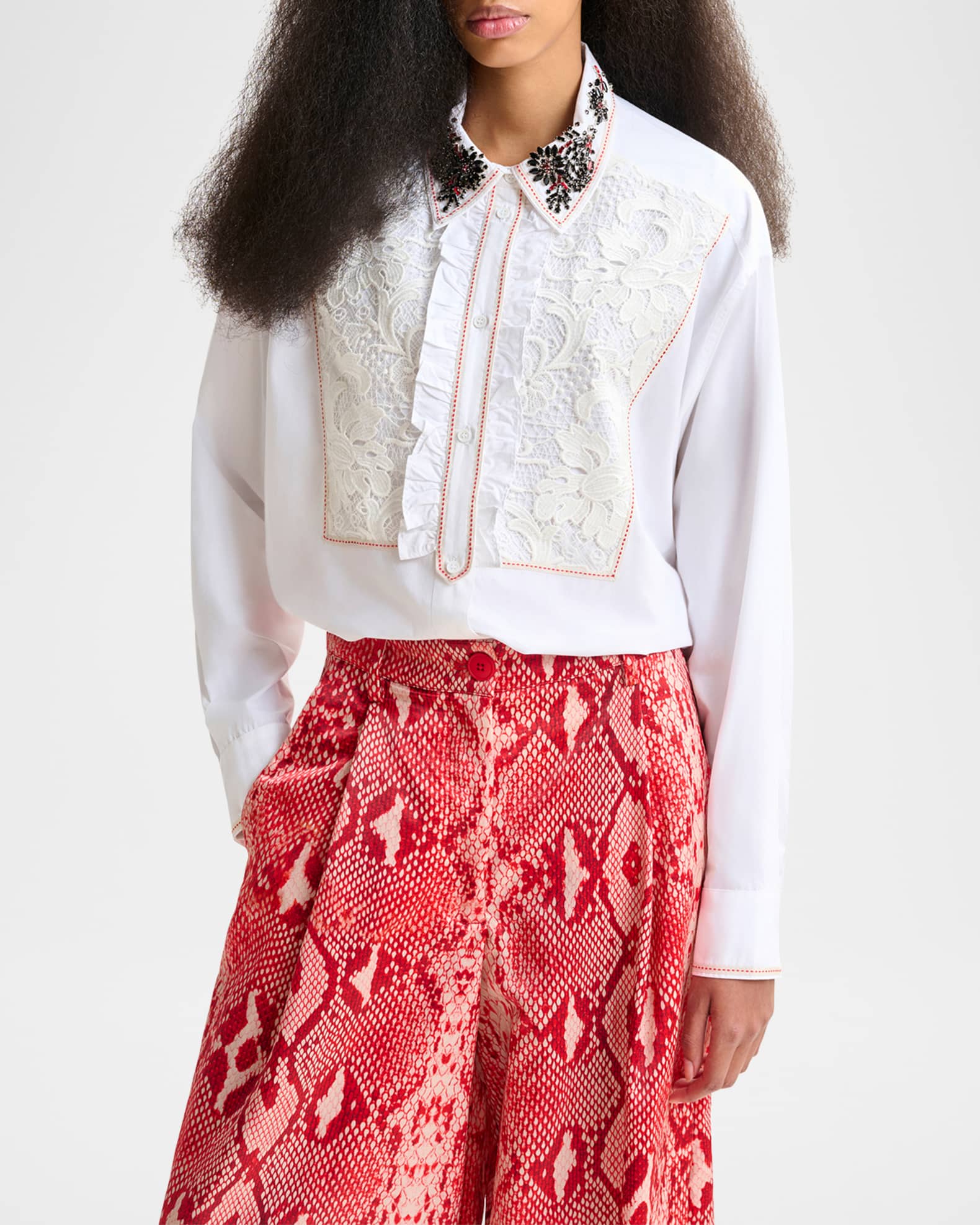 Essentiel Antwerp Embellished Lace-Panel Cotton Shirt | Neiman Marcus