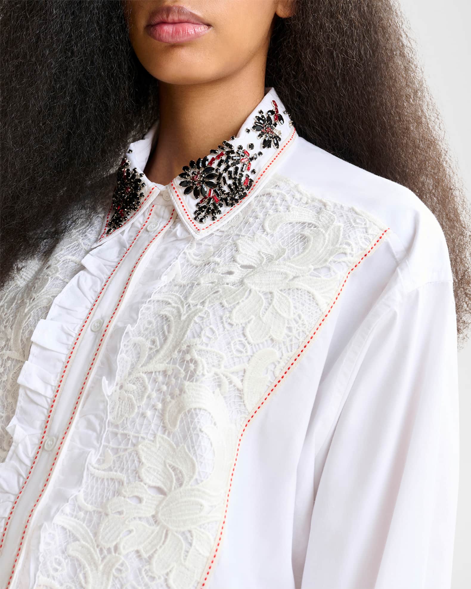 Essentiel Antwerp Embellished Lace-Panel Cotton Shirt | Neiman Marcus