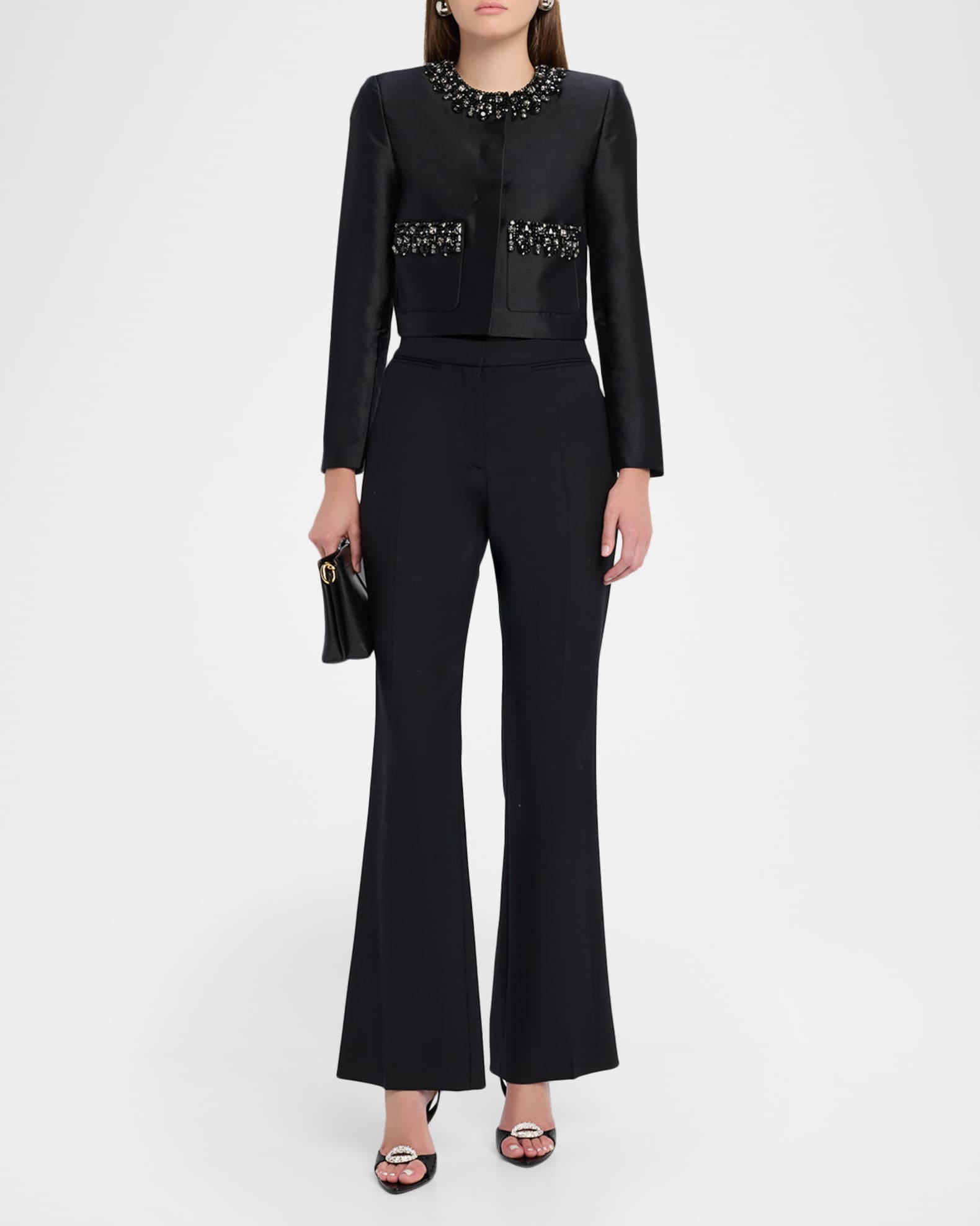 Self-Portrait Taffeta Embellished-Trim Jacket | Neiman Marcus