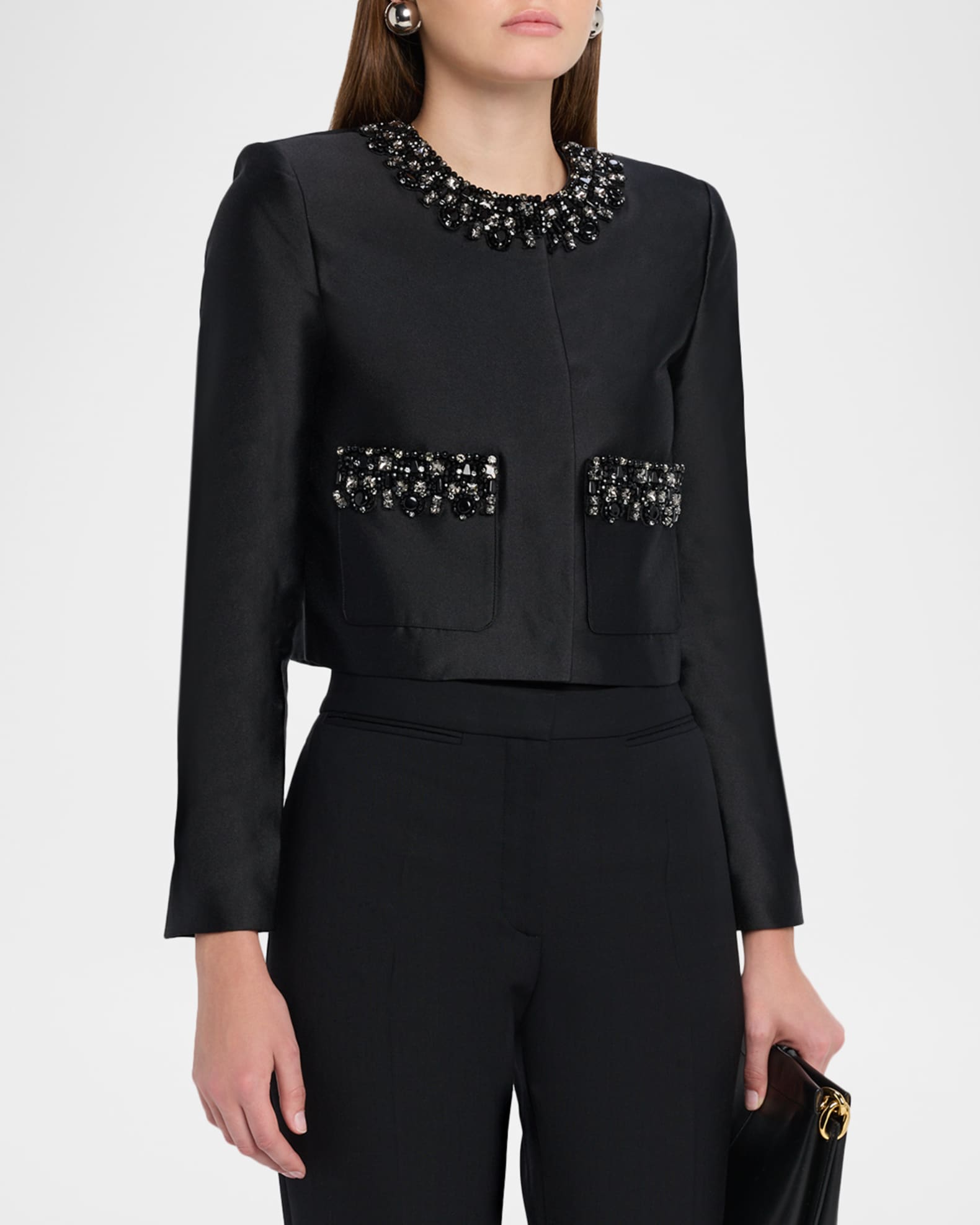 Self-Portrait Taffeta Embellished-Trim Jacket | Neiman Marcus