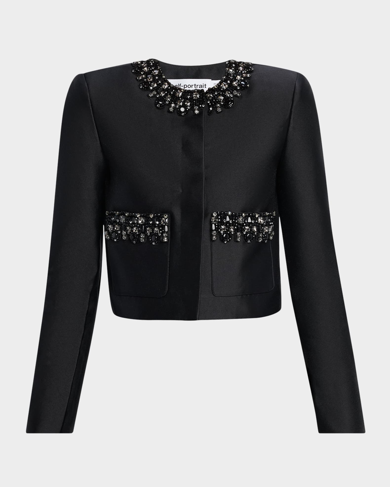 Self-Portrait Taffeta Embellished-Trim Jacket | Neiman Marcus