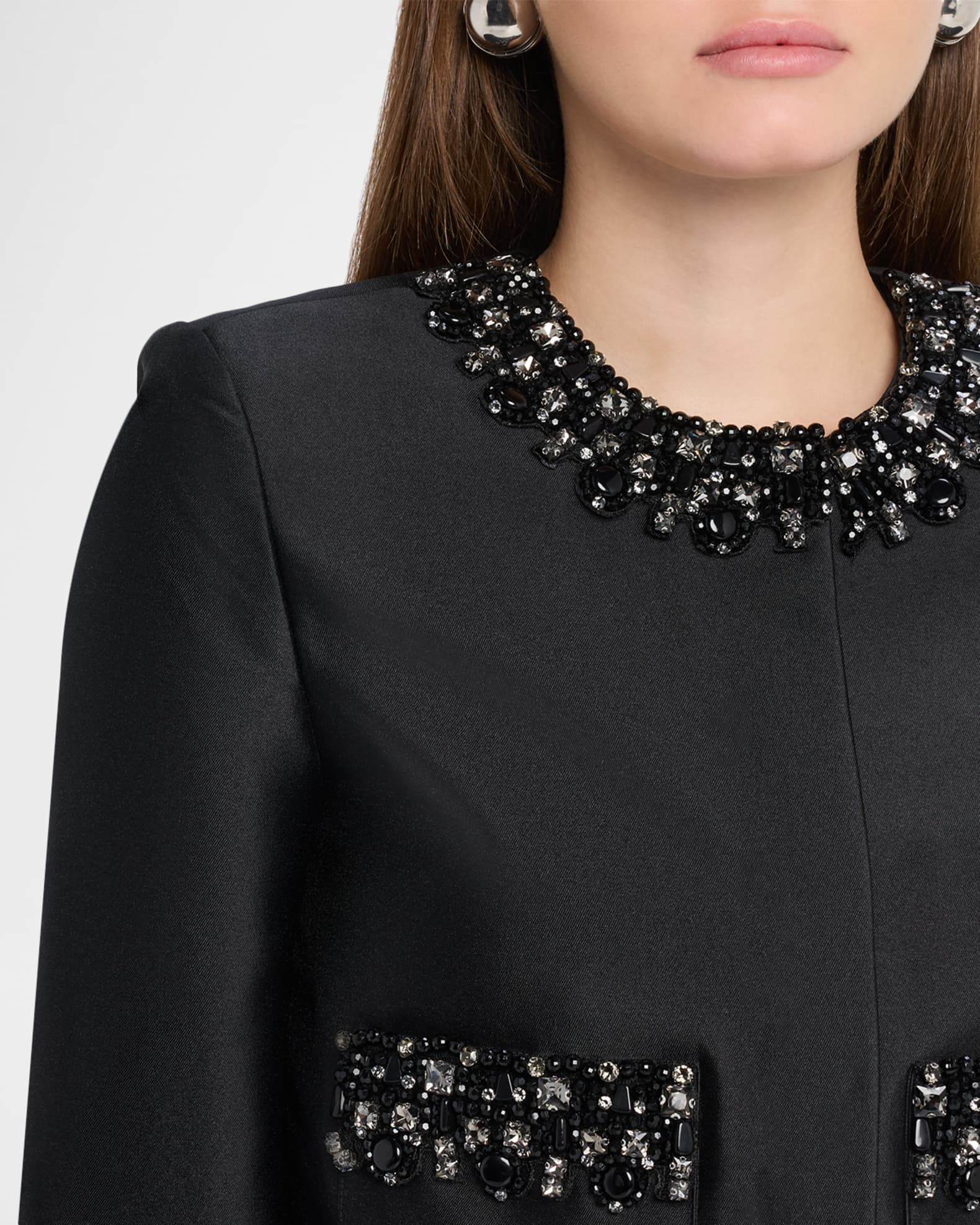 Self-Portrait Taffeta Embellished-Trim Jacket | Neiman Marcus