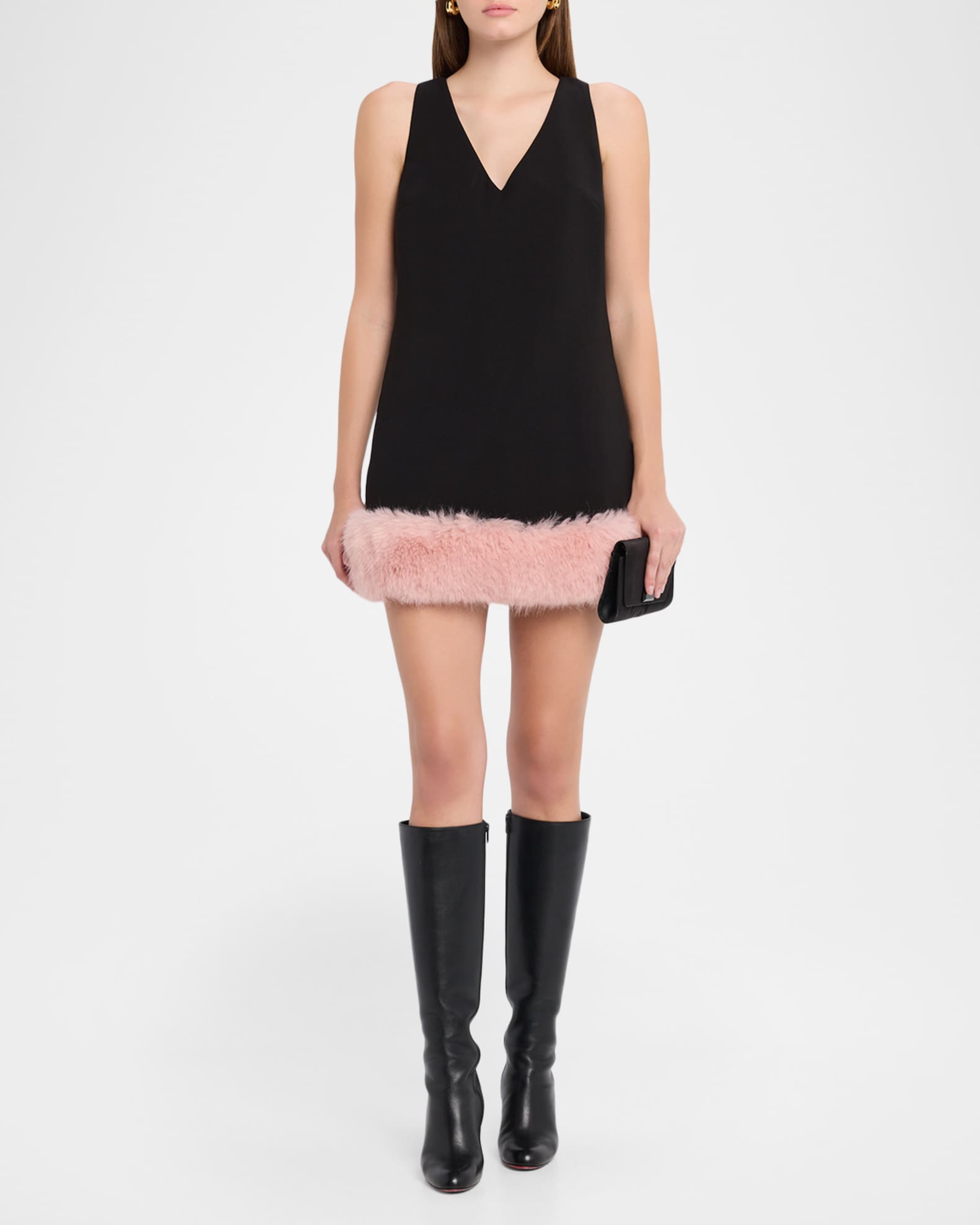 Self-Portrait Crepe Faux Fur Hem Mini Dress | Neiman Marcus