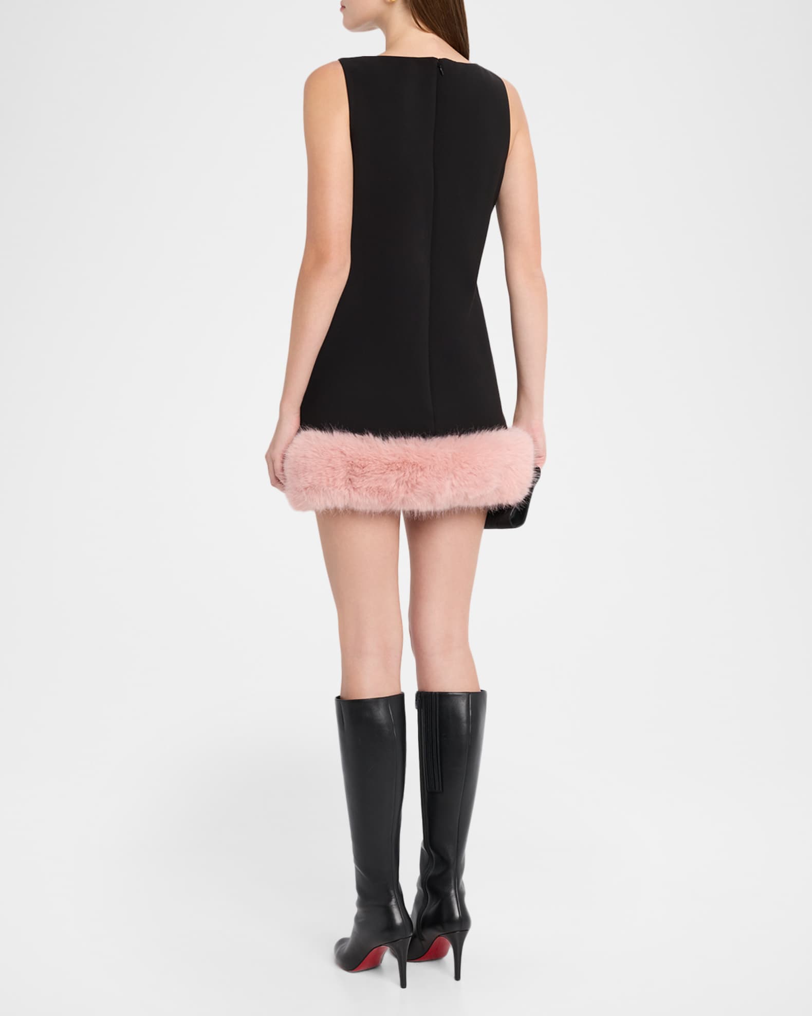 Self-Portrait Crepe Faux Fur Hem Mini Dress | Neiman Marcus