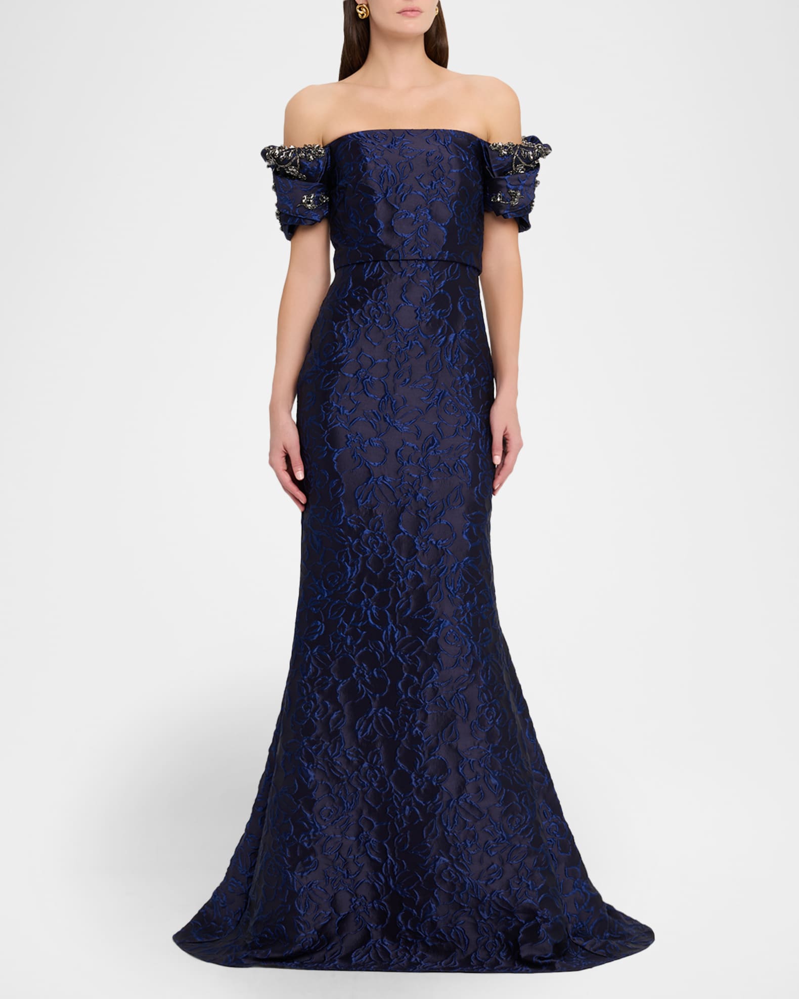 Badgley Mischka Beaded Off-Shoulder Jacquard Trumpet Gown | Neiman Marcus