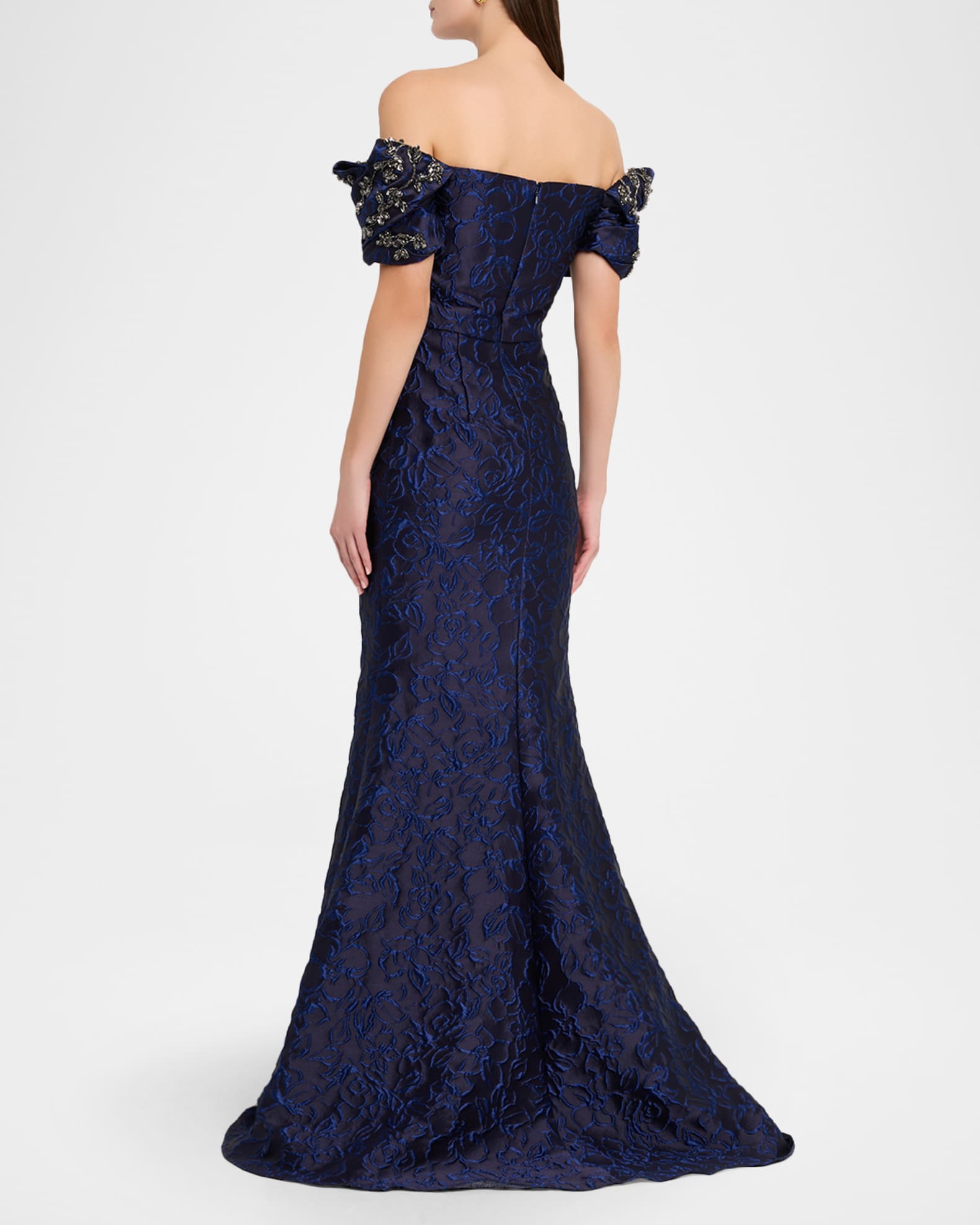 Badgley Mischka Beaded Off-Shoulder Jacquard Trumpet Gown | Neiman Marcus