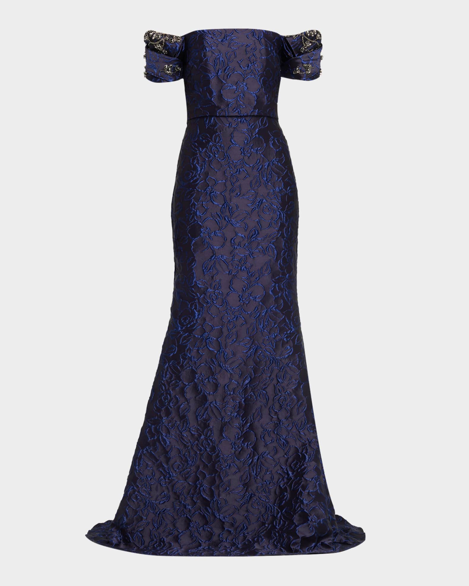Badgley Mischka Beaded Off-Shoulder Jacquard Trumpet Gown | Neiman Marcus
