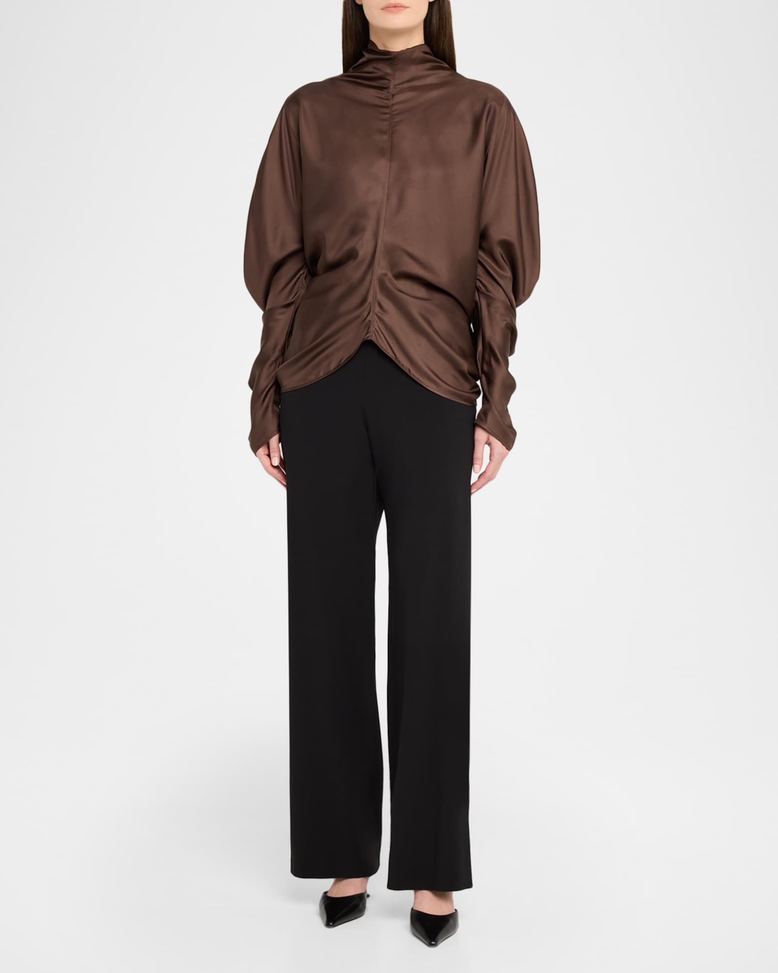 THE ROW Miles Turtleneck Draped Silk Top | Neiman Marcus