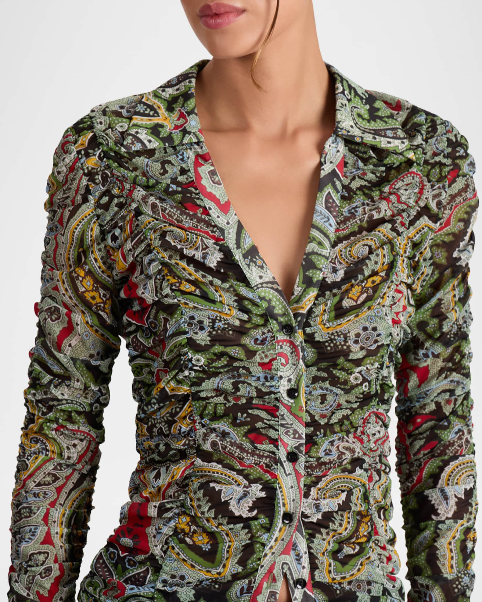 Alice + Olivia Portia Paisley Ruched Mesh Top | Neiman Marcus
