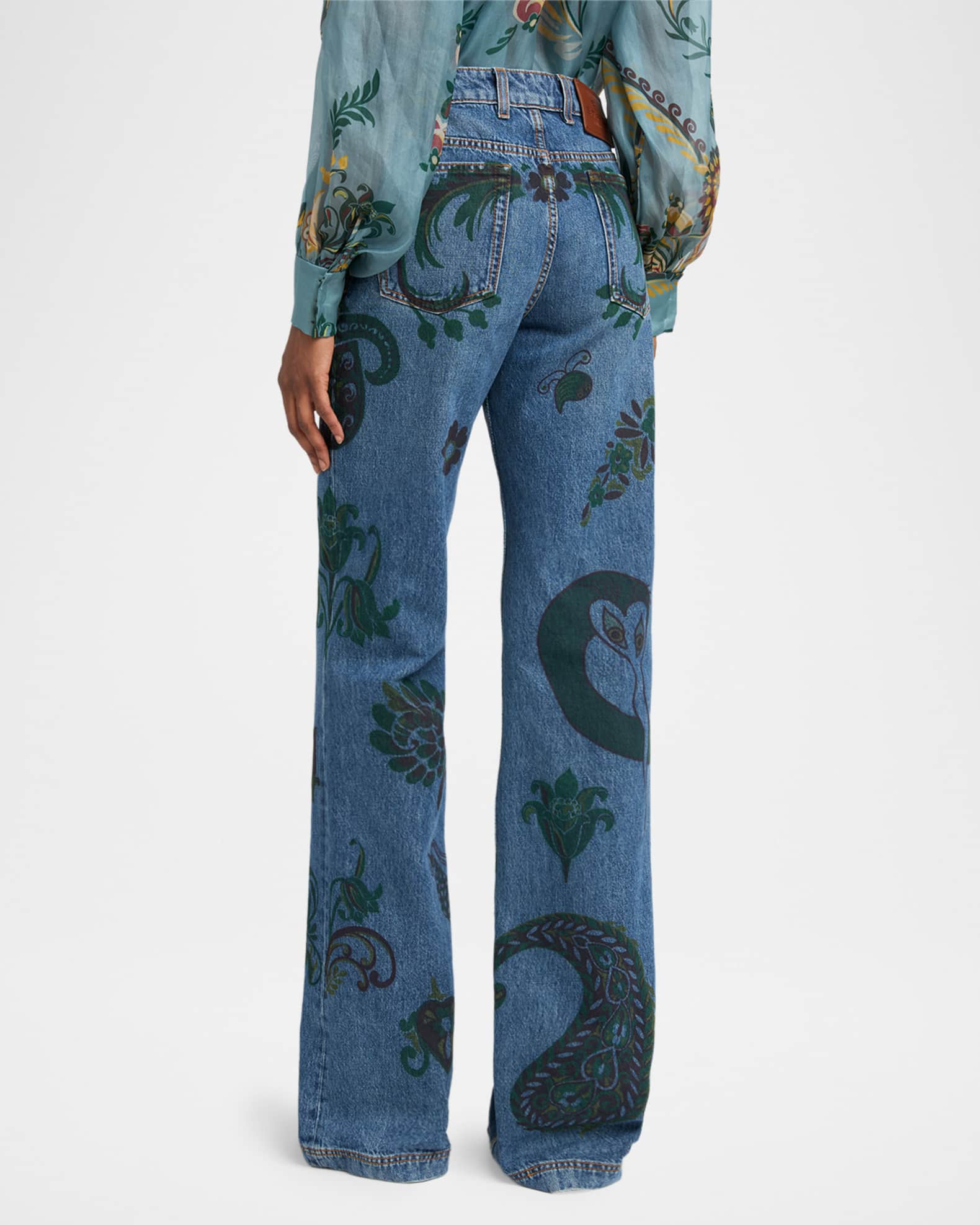 Etro Flower and Bee Printed Flare Jeans | Neiman Marcus