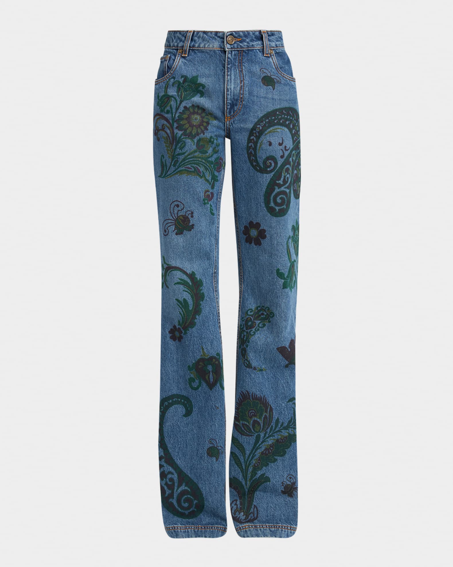 Etro Flower and Bee Printed Flare Jeans | Neiman Marcus