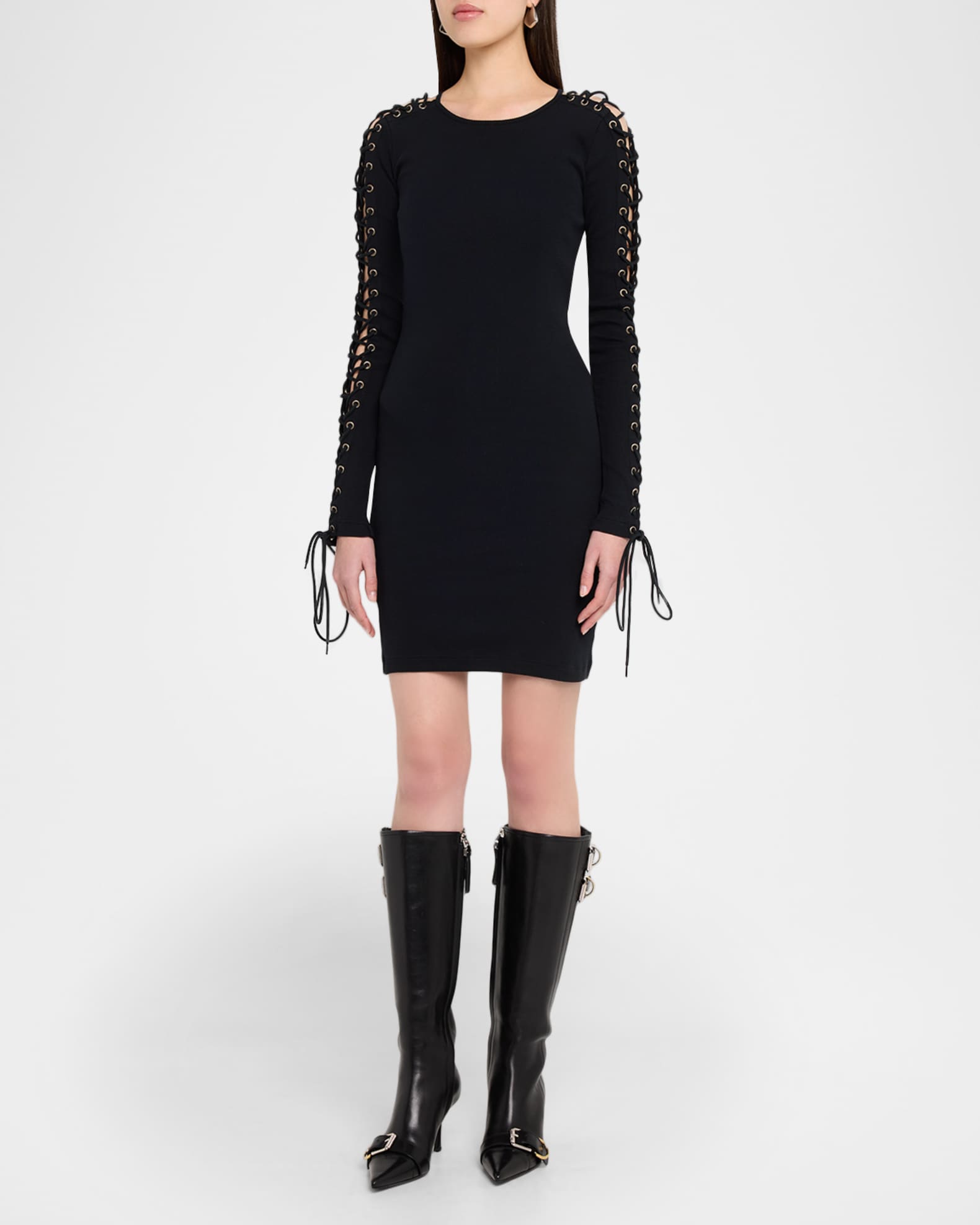 Balenciaga Lace-Up Long-Sleeve Rib Mini Dress | Neiman Marcus