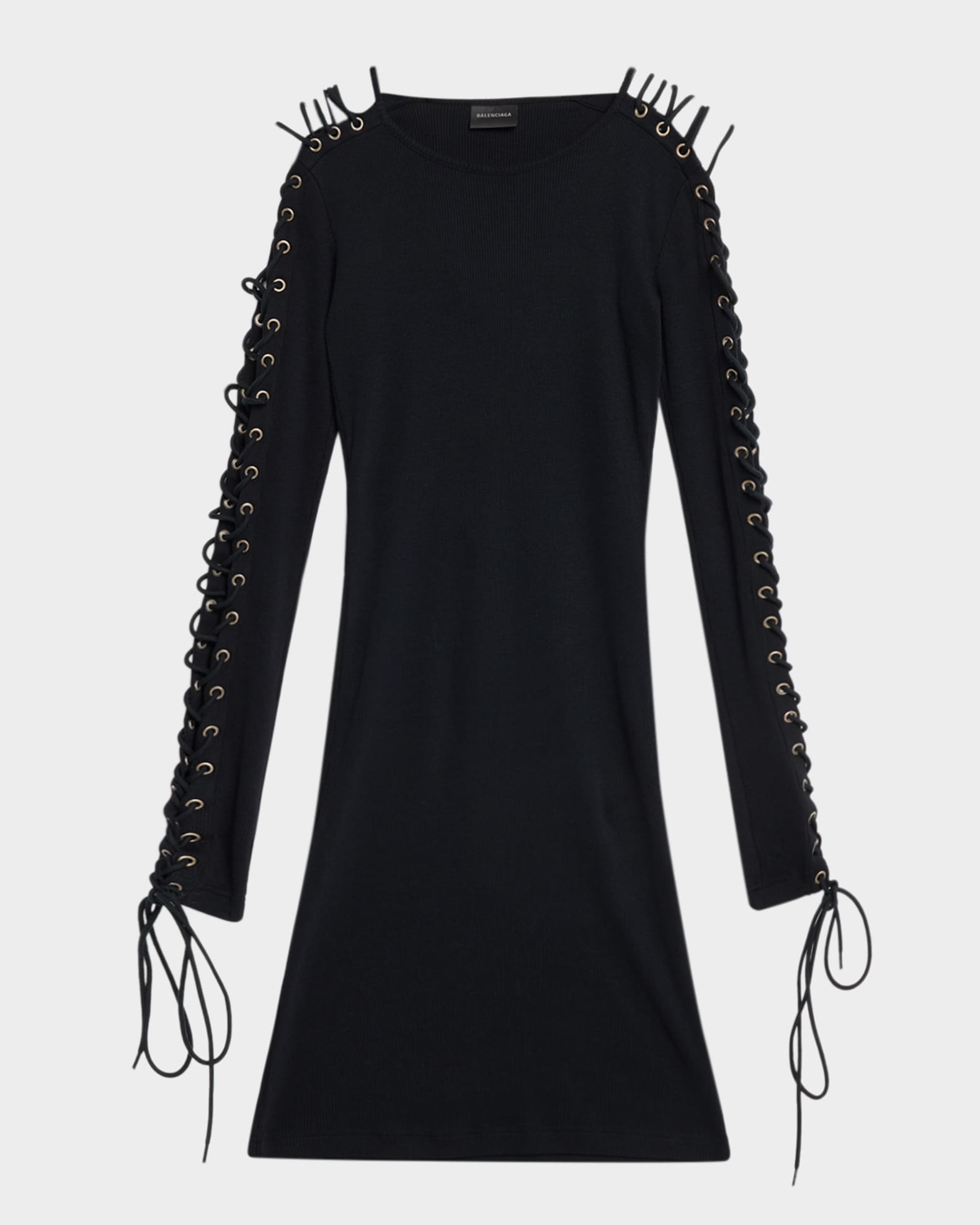 Balenciaga Lace-Up Long-Sleeve Rib Mini Dress | Neiman Marcus