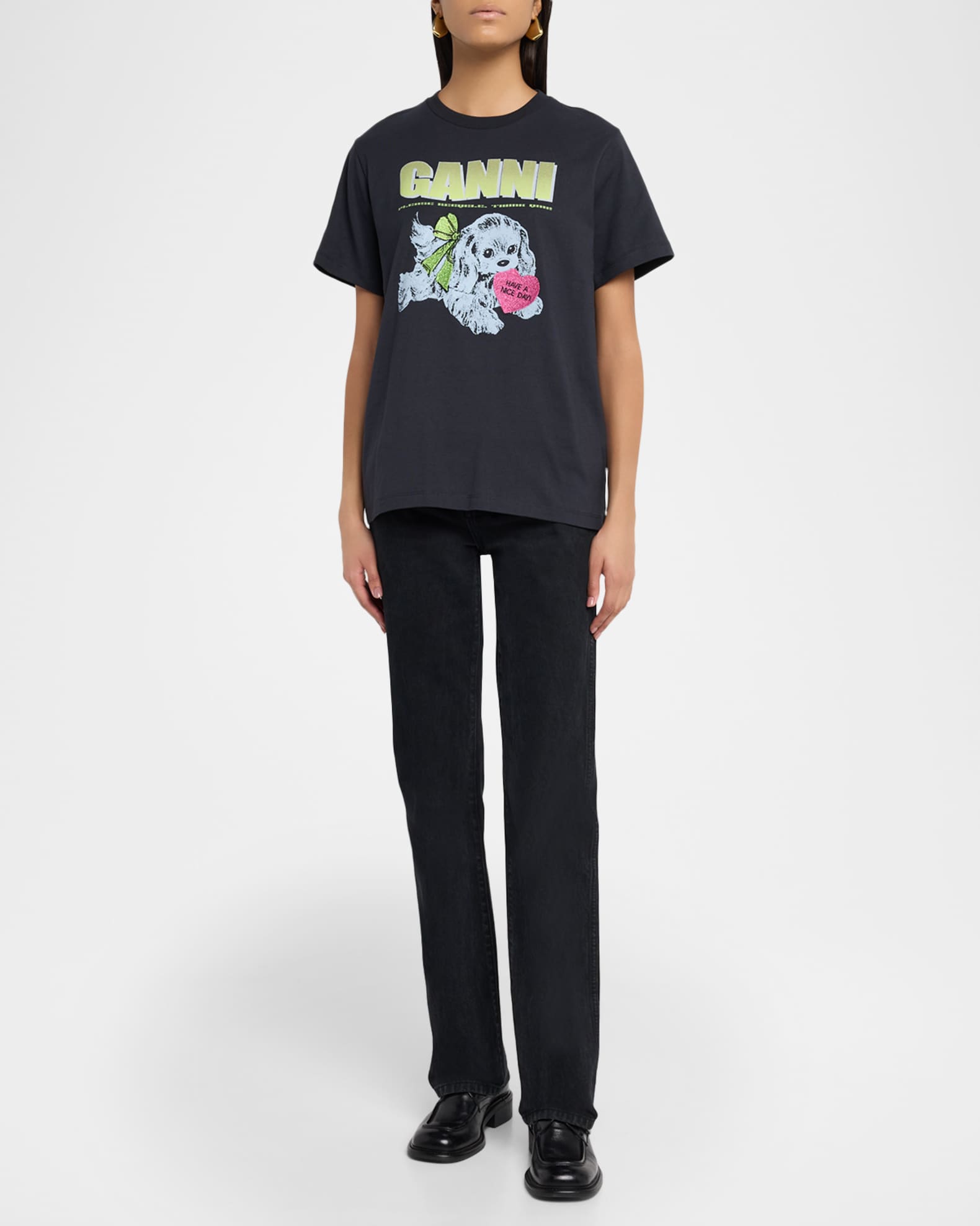 Ganni Cotton-Jersey Crewneck Logo Tee | Neiman Marcus