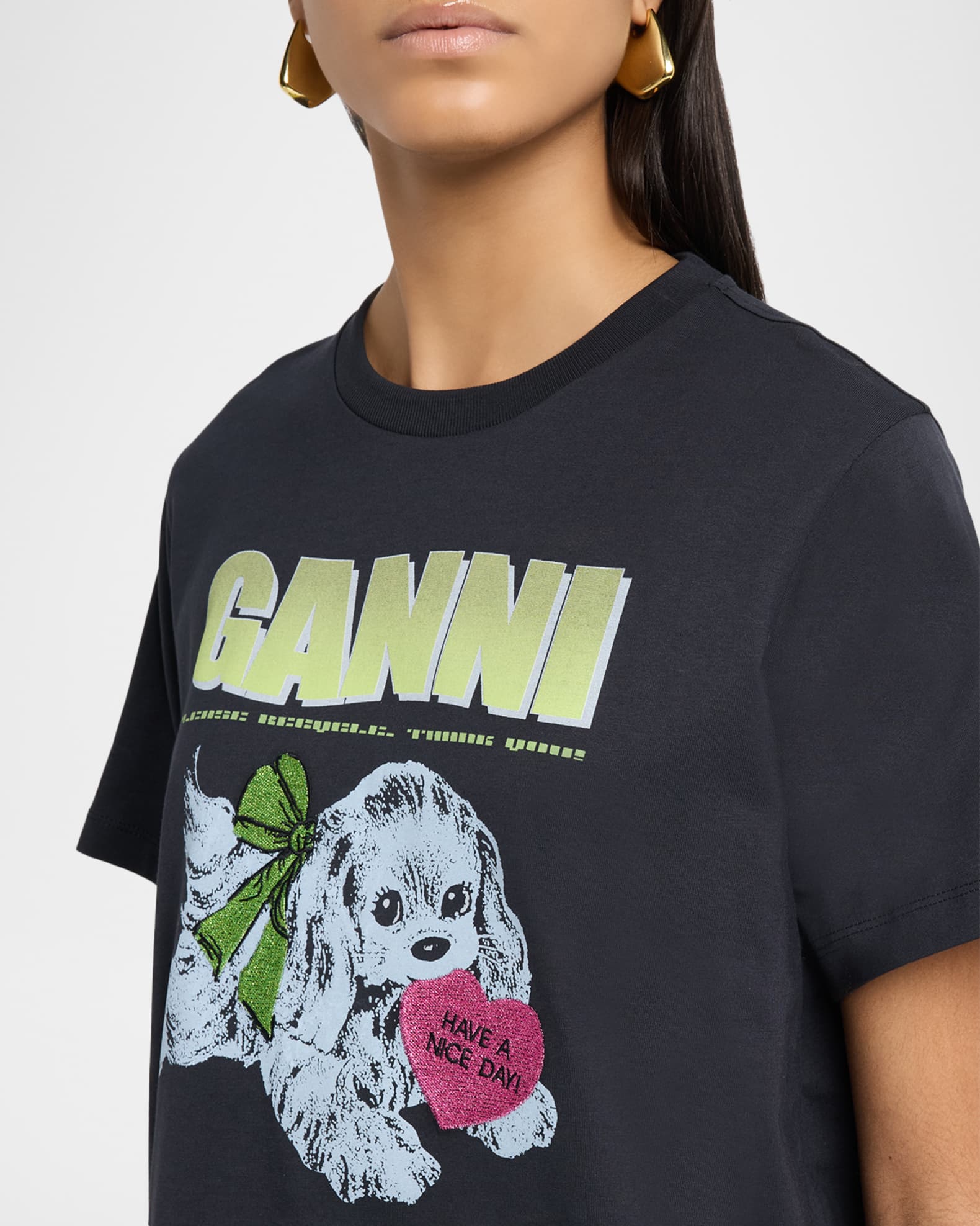 Ganni Cotton-Jersey Crewneck Logo Tee | Neiman Marcus