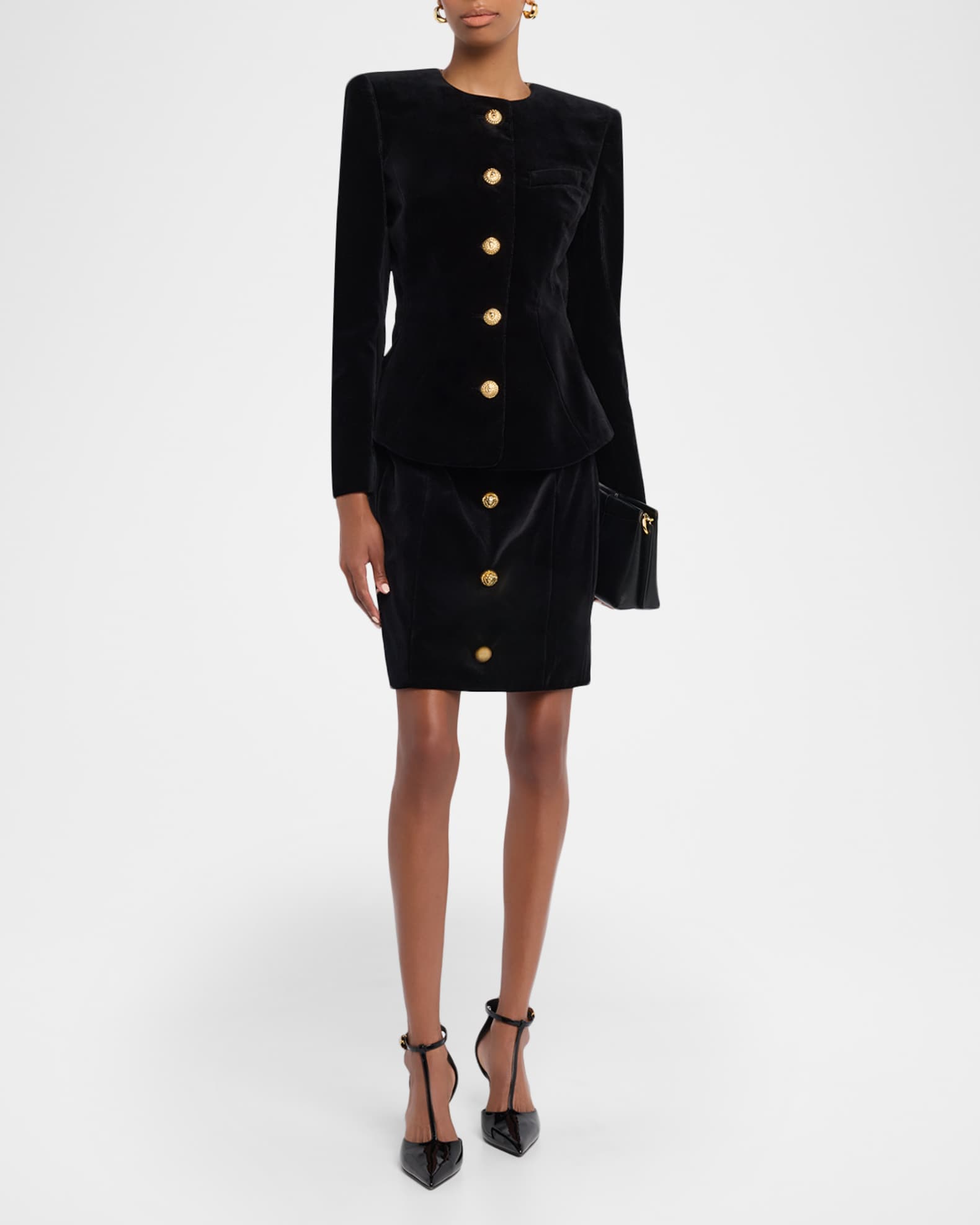 Balmain Single-Breasted Velvet Collarless Jacket | Neiman Marcus