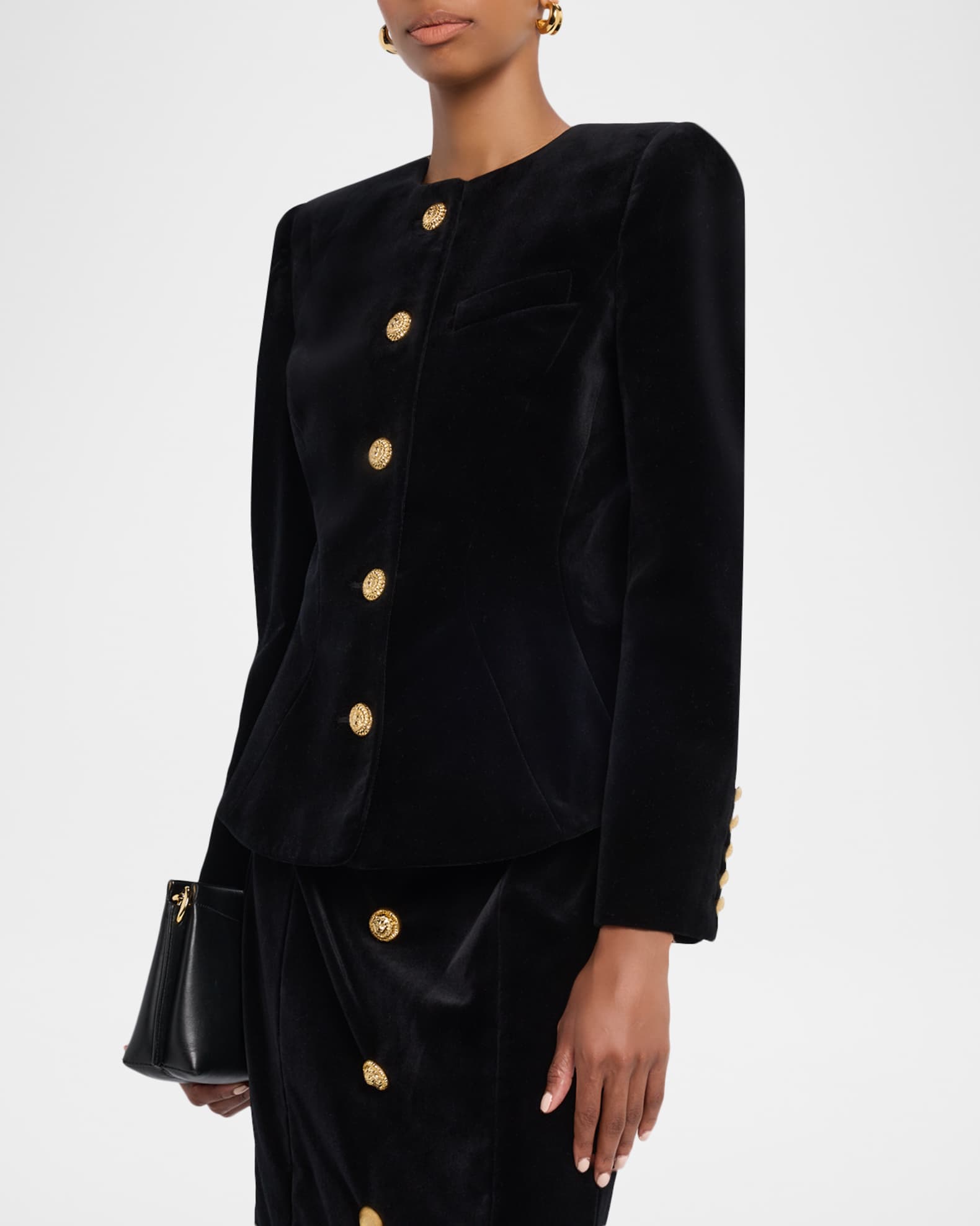 Balmain Single-Breasted Velvet Collarless Jacket | Neiman Marcus
